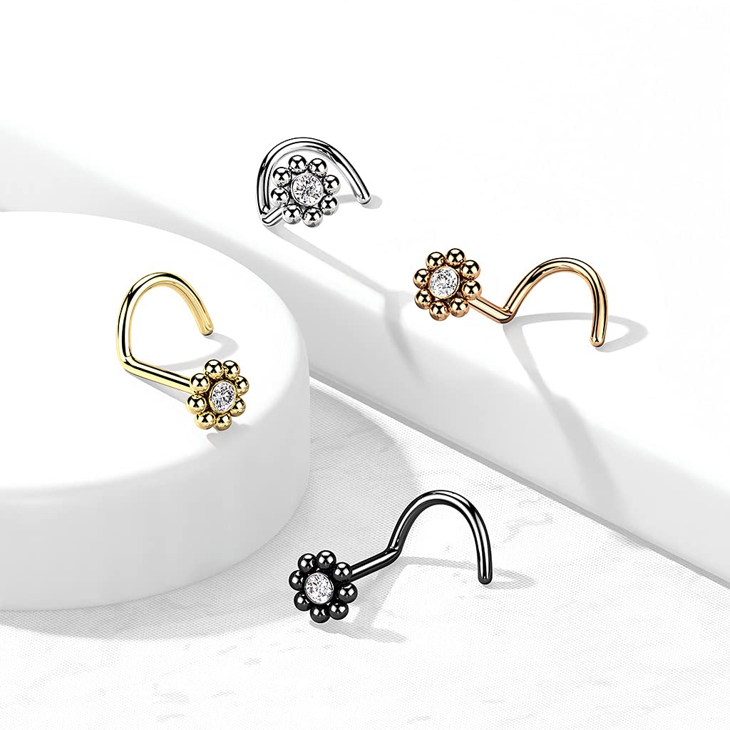 Dynamique Beaded Ball Edge with CZ Center Top 316L Surgical Steel Nose Screw Rings (Sold Per Piece)