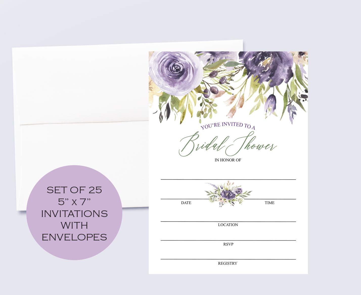 Moonrise Papery Set of 25 Purple Bridal Shower Invitations with Envelopes β Fill-in Style Invites with Envelopes