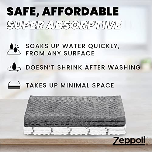 Zeppoli Classic Kitchen Towels - 12 Pack 100% Natural Cotton Kitchen Towel Set, Reusable Wash Cloths, Absorbent Dish Towels, Machine Washable Hand Towels, Kitchen Essentials - 15” by 25” - Gray