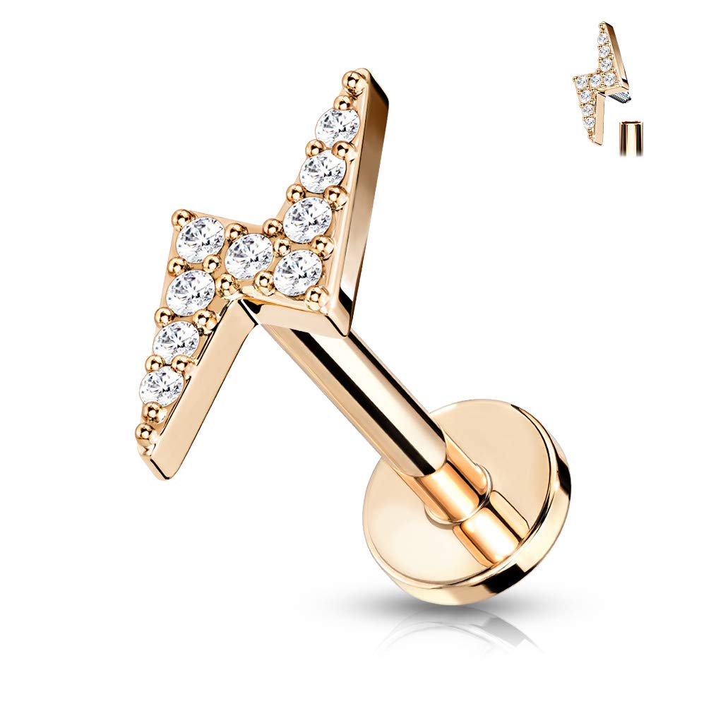 Dynamique Paved Round CZ Lightning Bolt Top On Internally Threaded 316L Surgical Steel Flat Back Studs For Cartilage And Labret (Sold Per Piece)