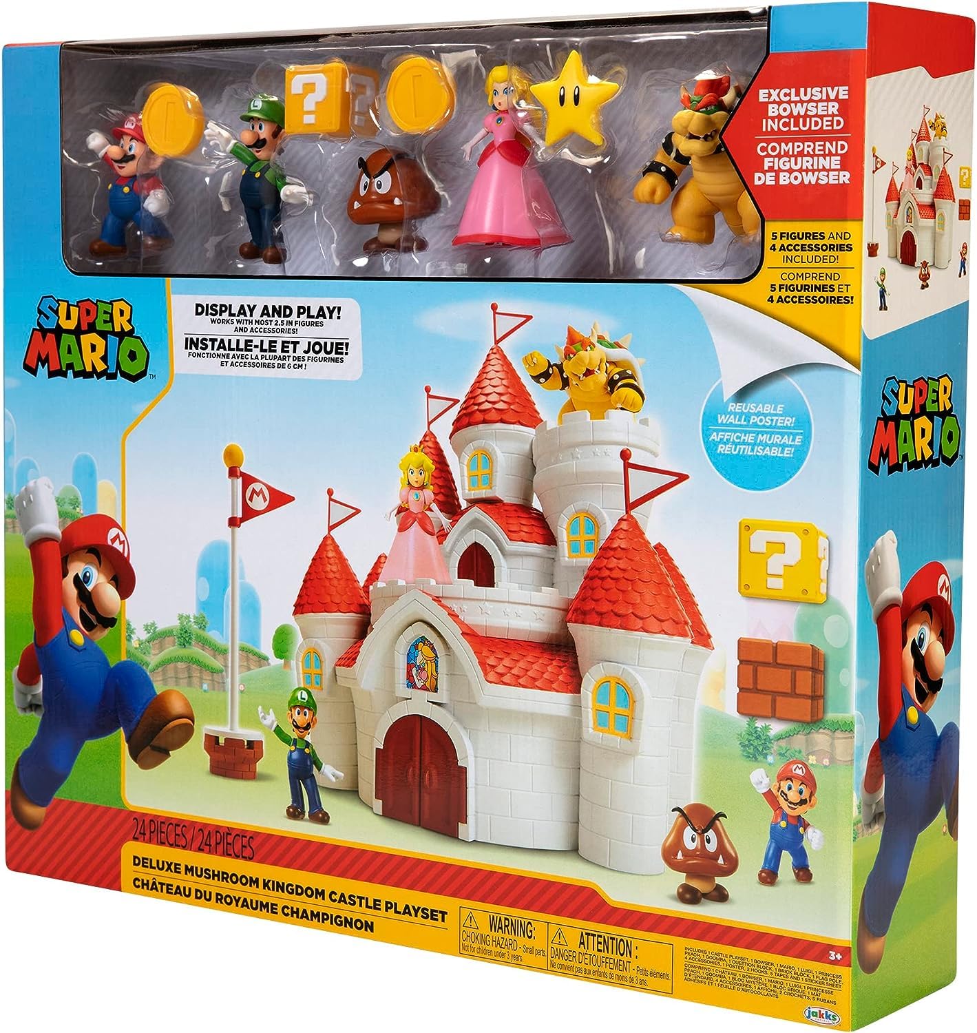 Super Mario Nintendo Deluxe Mushroom Kingdom Castle, Wall Display & Playset with (5) 2.5" Articulated Action Figures (Exclusive Bowser Figure, Princess Peach, Mario, Luigi & Goomba)