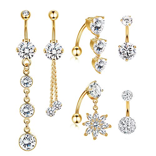 Drperfect 14g Belly Button Rings Cute Cubic Zirconia Navel Ring Piercing, Surgical Steel Long Dangle Short Reverse Belly Button Jewelry for WomenâŚ