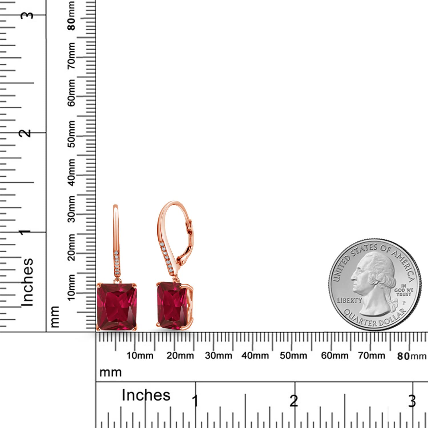 Gem Stone King 925 Sterling Silver Red Created Ruby and White Diamond Dangle Earrings For Women (11.50 Cttw, Emerald Cut 12X10MM)