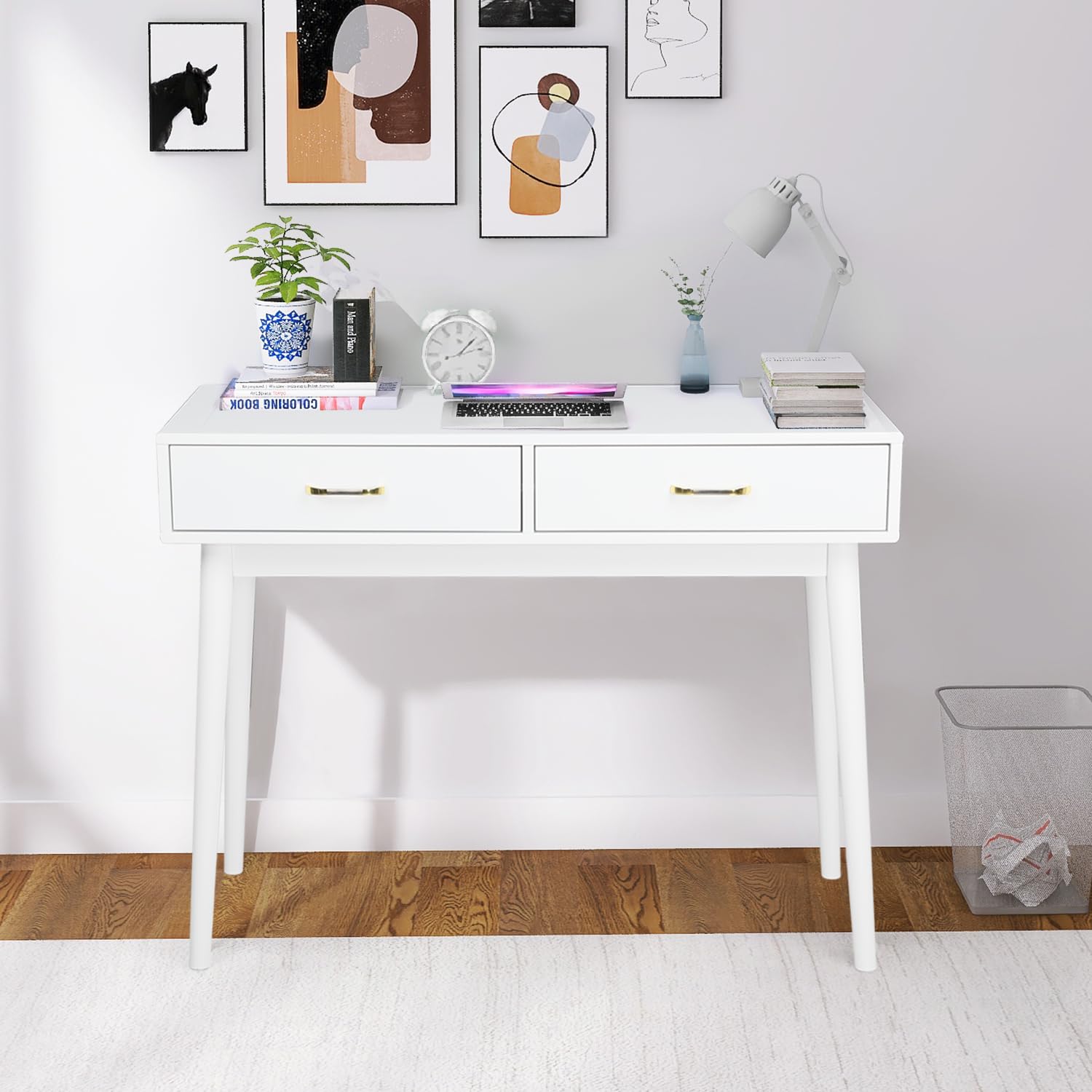 Rotihom Small White Desk with 2 Drawers, Modern Writing Desk for Small Spaces, Home Office Desk for Study, Laptop Computer Desk for Work, Makeup Vanity Table for Bedroom (White)