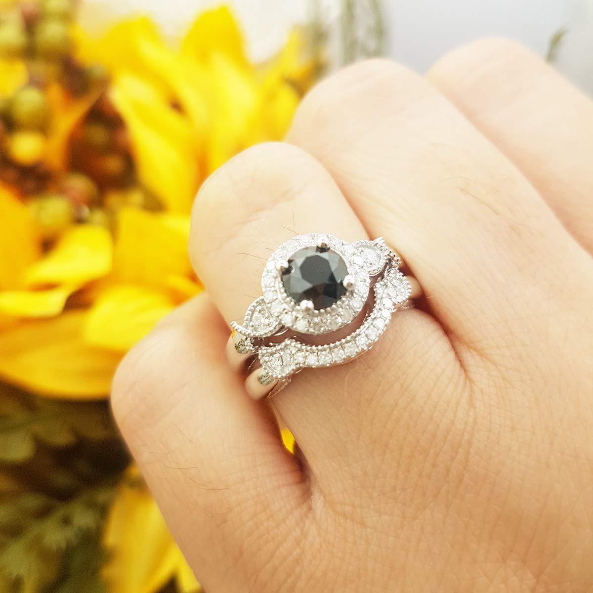 Dazzlingrock Collection 1.10 Carat (ctw) 10K Round Black & White Diamond Ladies Engagement Ring Set 1 CT, White Gold, Size 7.5