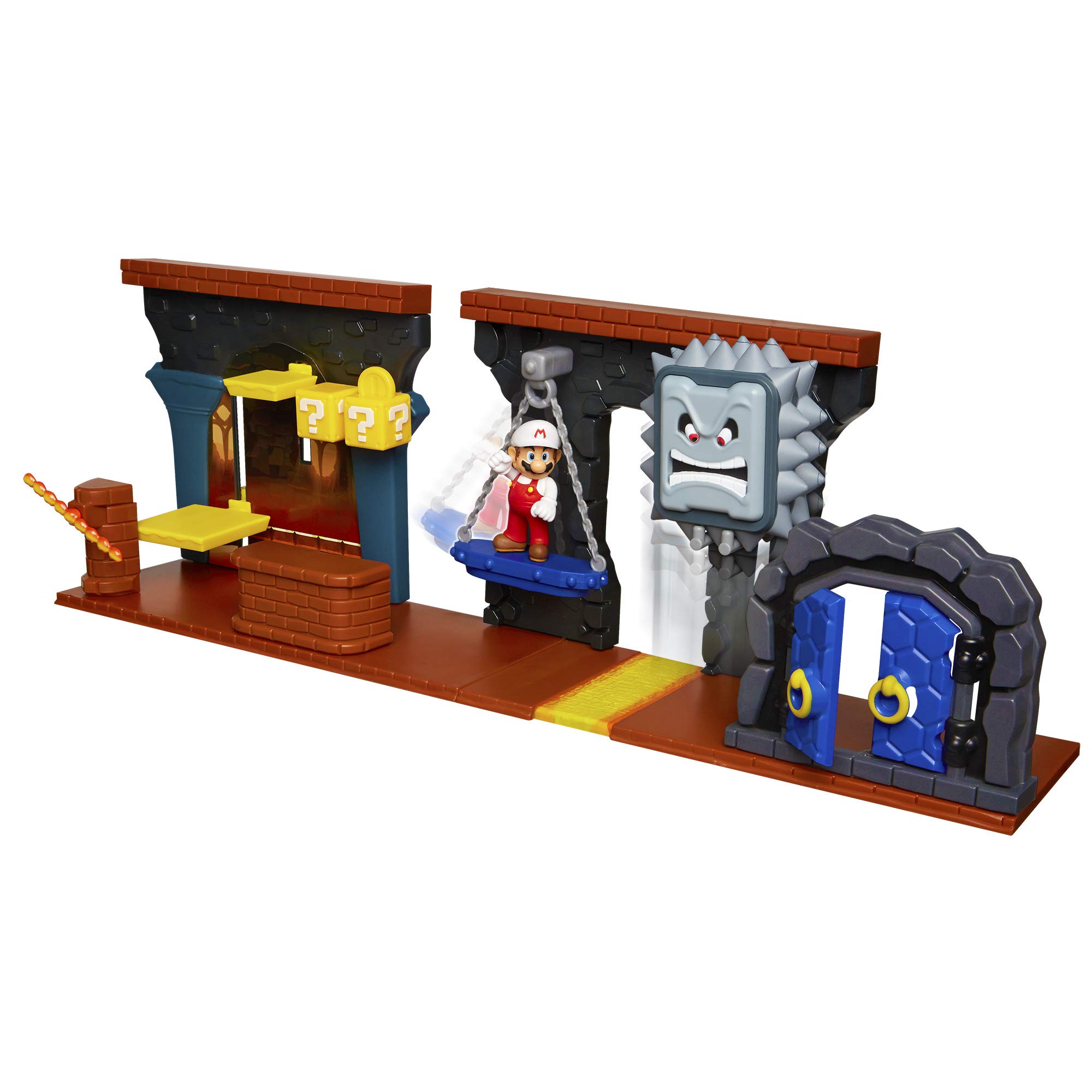 SUPER MARIO World of Nintendo Super Mario Dungeon Deluxe Play Set,Includes: 2.5” Fire Mario Figure&7 Interactive Environmentpiece Moving Platforms & Thwomp,Spinning Fire Balls,Hidden Coin,Swing&Door