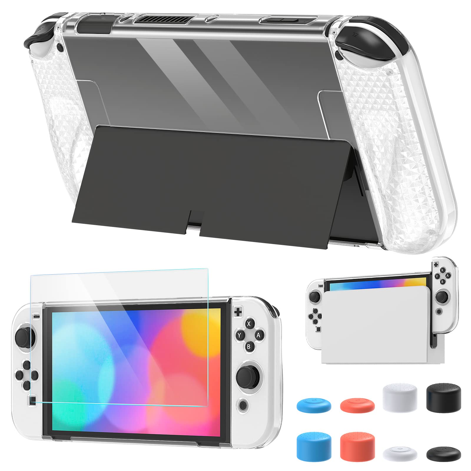 Dockable Case for Switch OLED, Upgrade 3 in 1 Protective Clear Hard PC Back Cover Case for Switch OLED and TPU Grip Cover Case for Joy Con Controller with Screen Protector and 8 Thumb Grips