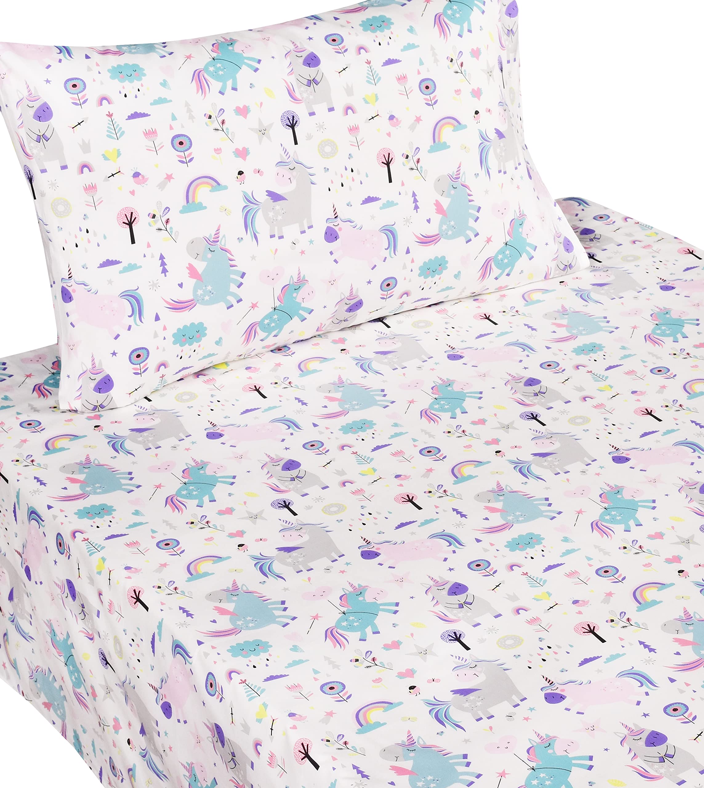 Scientific Sleep Cute Unicorn Flower Rainbow 100% Cotton Cozy Twin Bed Sheet Set, Flat Sheet & Fitted Sheet & Pillowcase Natural Bedding Set (Unicorn, Twin)
