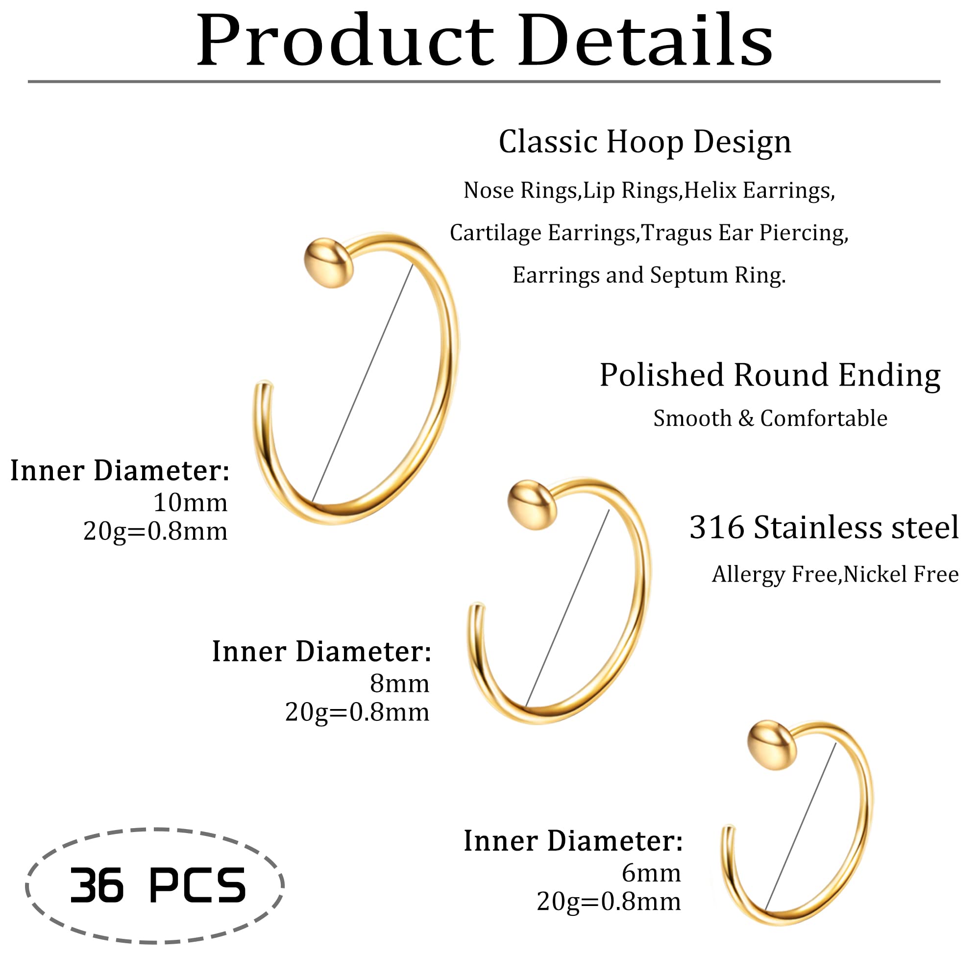 Drperfect 20G Nose Ring Hoop Stainless Steel Small Thin Cartilage Nose Ring Tiny Snug Fit Nose Piercing Jewelry 6mm 8mm 10mm Adjustable