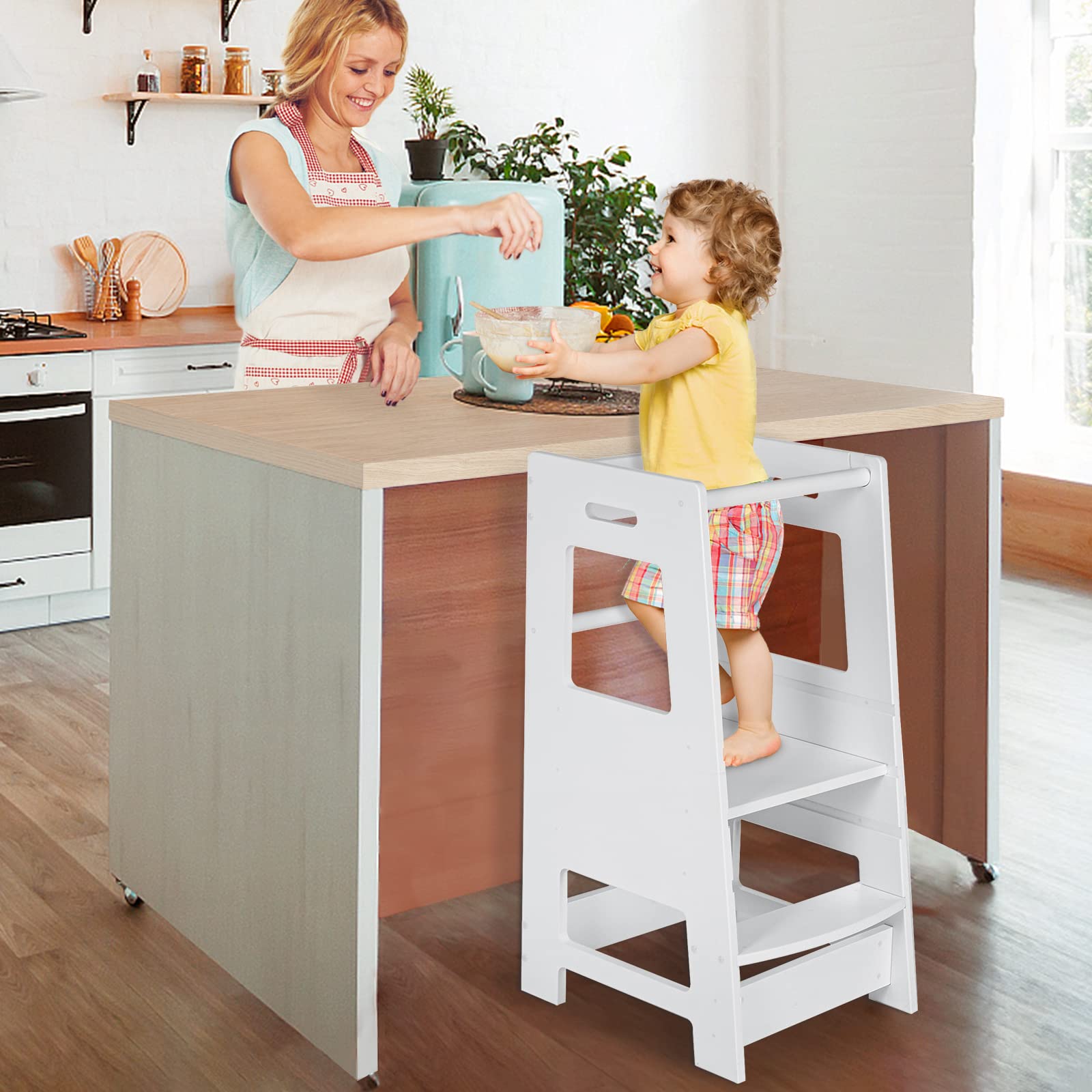 LUSIMO Toddler Step Stool Helper Nursery Standing Tower Wooden Kids Step Stool with Safety Rail Height Adjustable Toddler Learning Tower with Anti-Slip Protection Support Up to 165lbs White