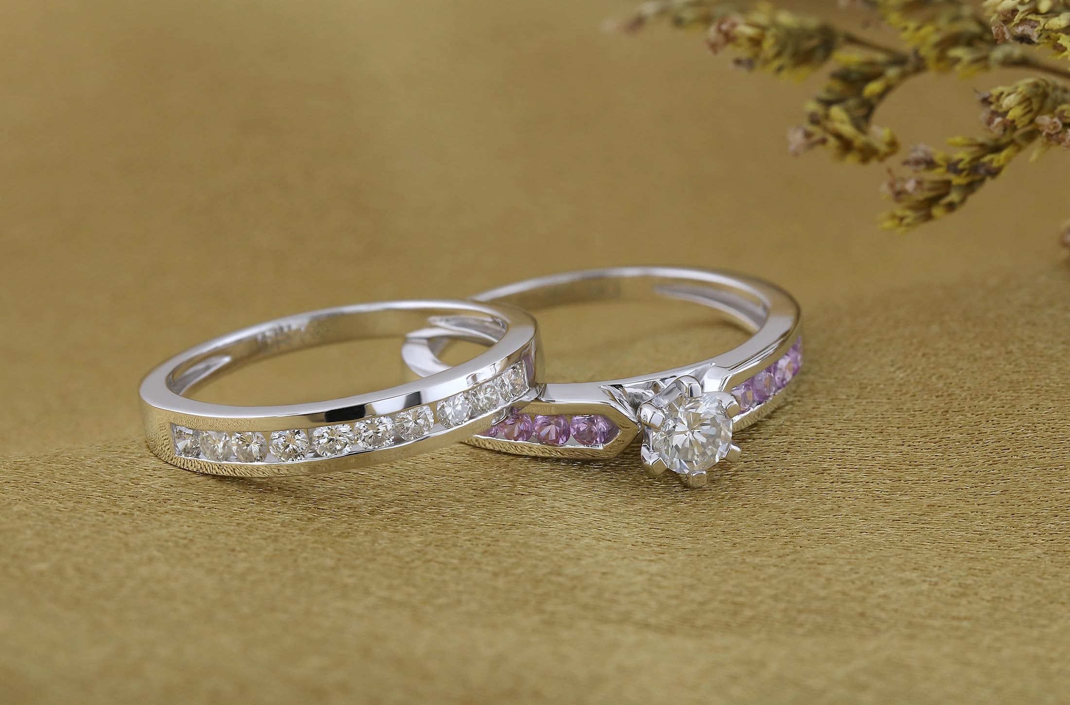 Dazzlingrock Collection Round Pink Sapphire & White Diamond Ladies Wedding Ring Set in 14K White Gold, Size 8