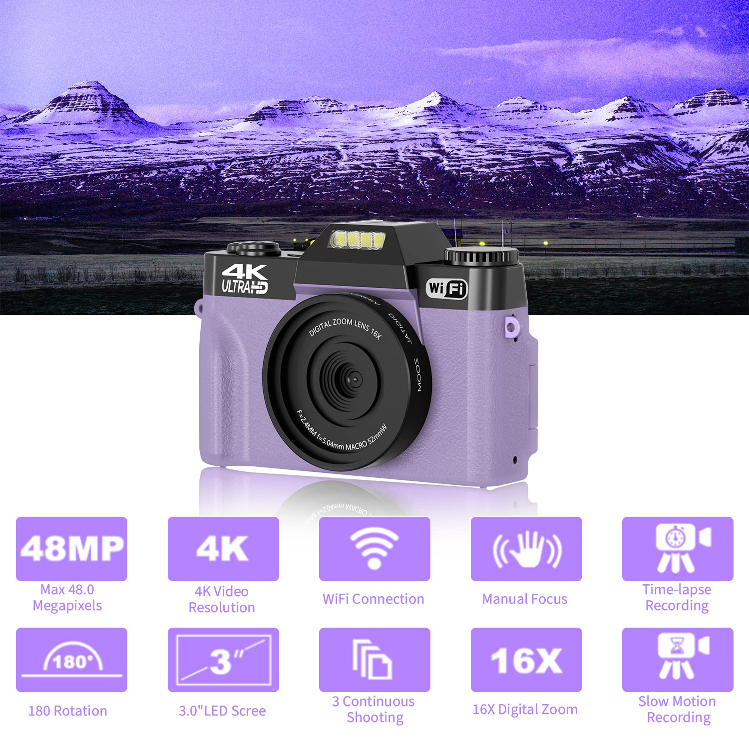 Digital Cameras for Photography, 4K 48MP Vlogging Camera 16X Digital Zoom Manual Focus Rechargeable Students Compact Camera with 52mm Wide-Angle Lens & Macro Lens, 32G Micro Card and 2 Batteries