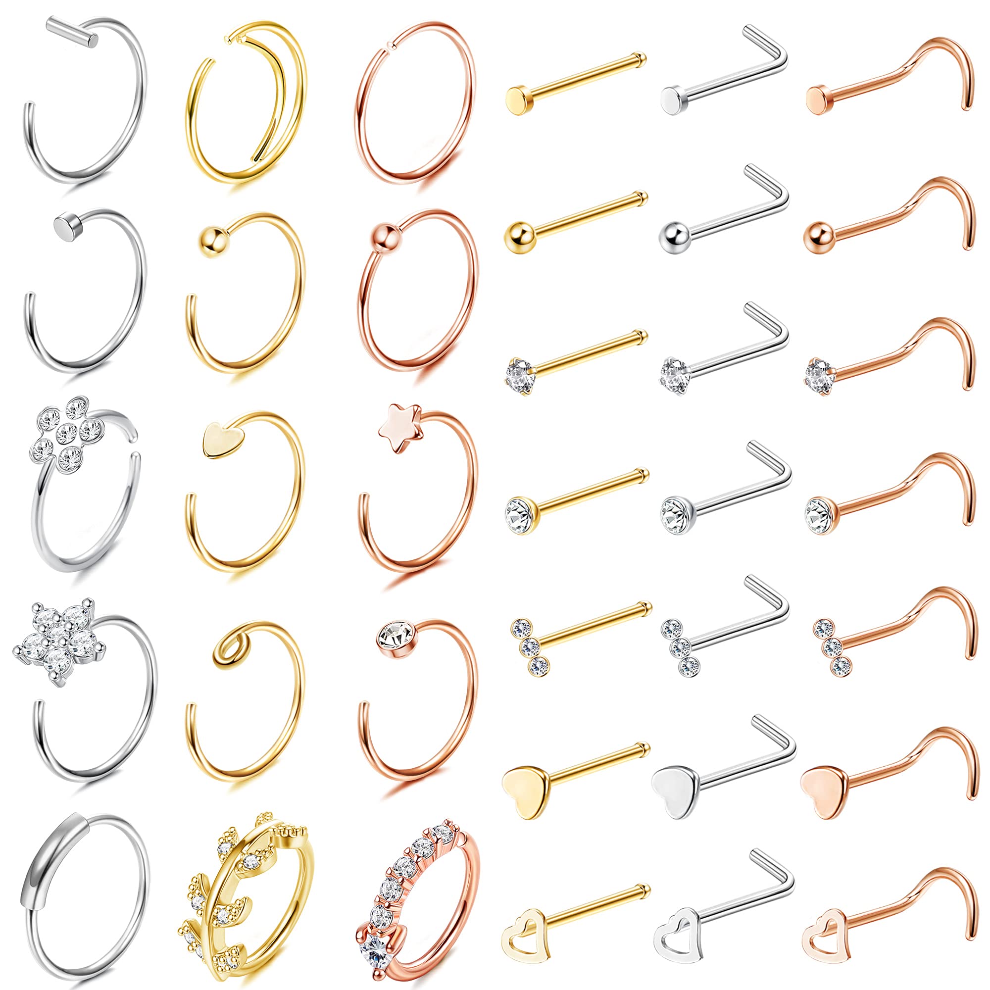 Drperfect 36Pcs 20G Nose Rings Hoop L Shape Screw Bone Nose Studs Stainless Steel Nose Rings Nostril Piercing Jewelry Silver Gold Rose Gold Tone Set Body Jewelry for Women Men