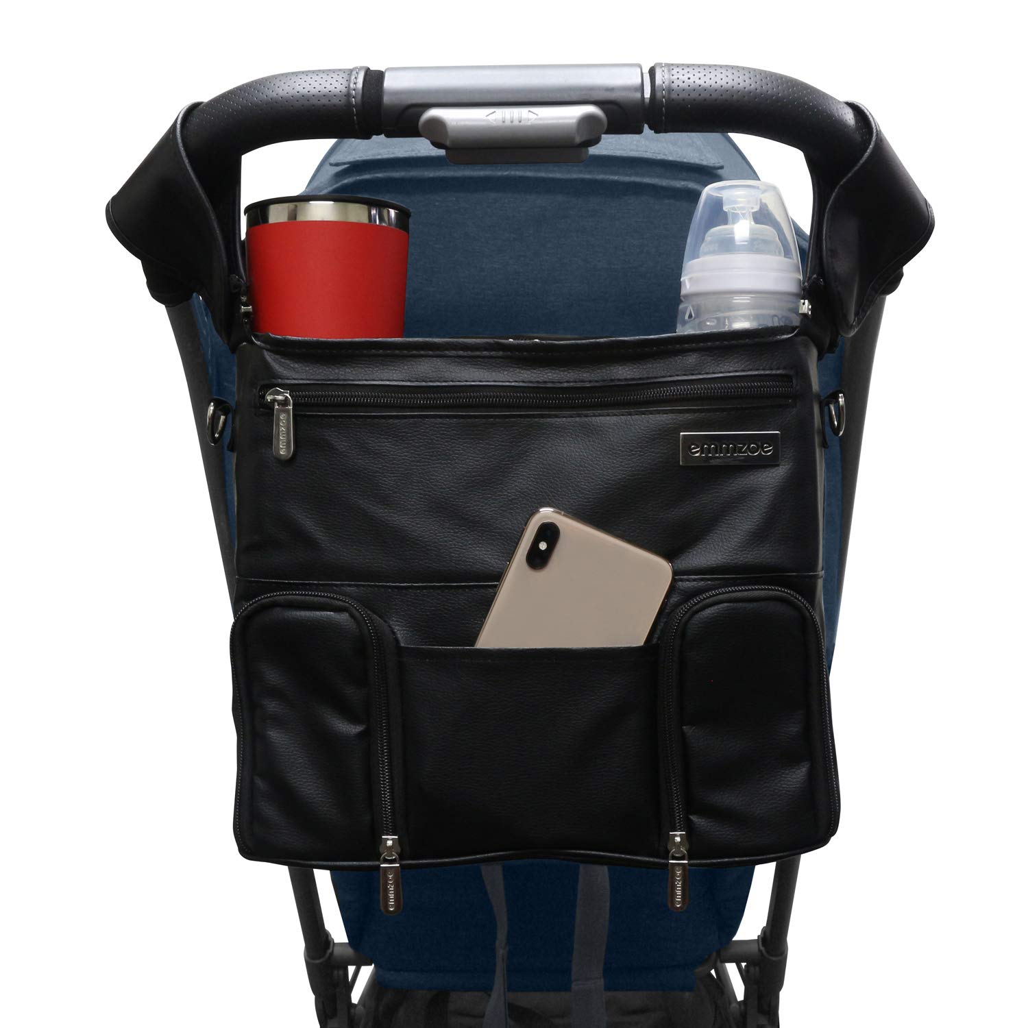 Emmzoe All-In-One Universal Fit Leather Stroller Organizer with Shoulder Strap and Cup Holders - Insulated Food Compartment - Multifunctional Storage Compartments for Diapers, Wipes