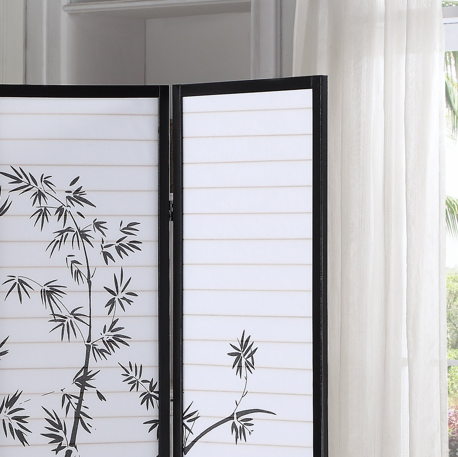 Roundhill Bamboo Print 4-Panel Framed Room Screen/Divider, black