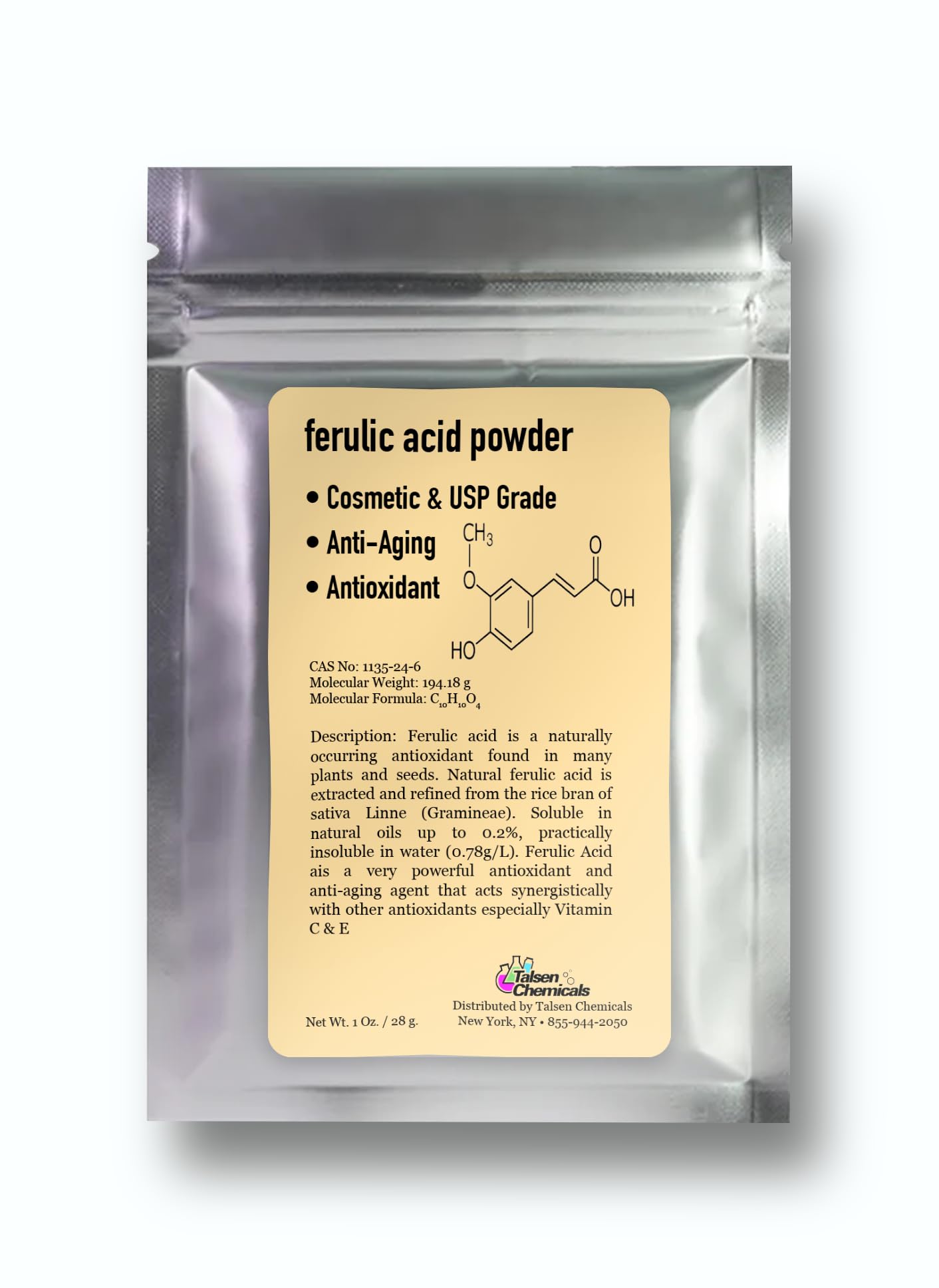 Ferulic Acid Powder Pure 99% Pure Cosmetic Grade Powder Pure Natural Antioxidant, Anti-Aging, DIY Skincare (1 Oz/ 28 Grams)