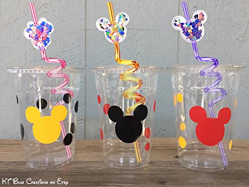 Glitter Sequin Mouse Theme Birthday Party Favors Nicky Mouse Straws, Mouse Shape Reusable Plastic Drinking Straws 8 Designs for Kids Birthday Party 24Pcs with 2 Cleaning Brush