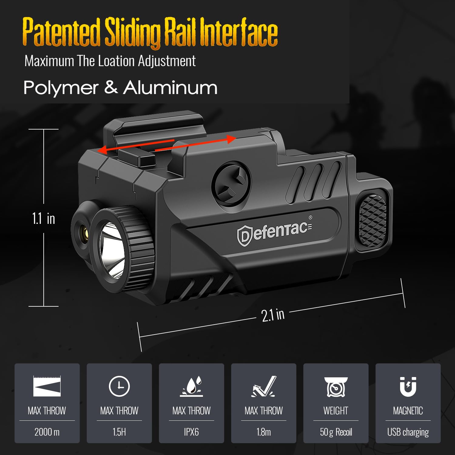 DEFENTAC DF-1061 Magnetic Charging Pistol Light with Green Beams for Guns, 450 Lumens Tactical Flashlight White LED and Green Beam Combo with Sliding Rail