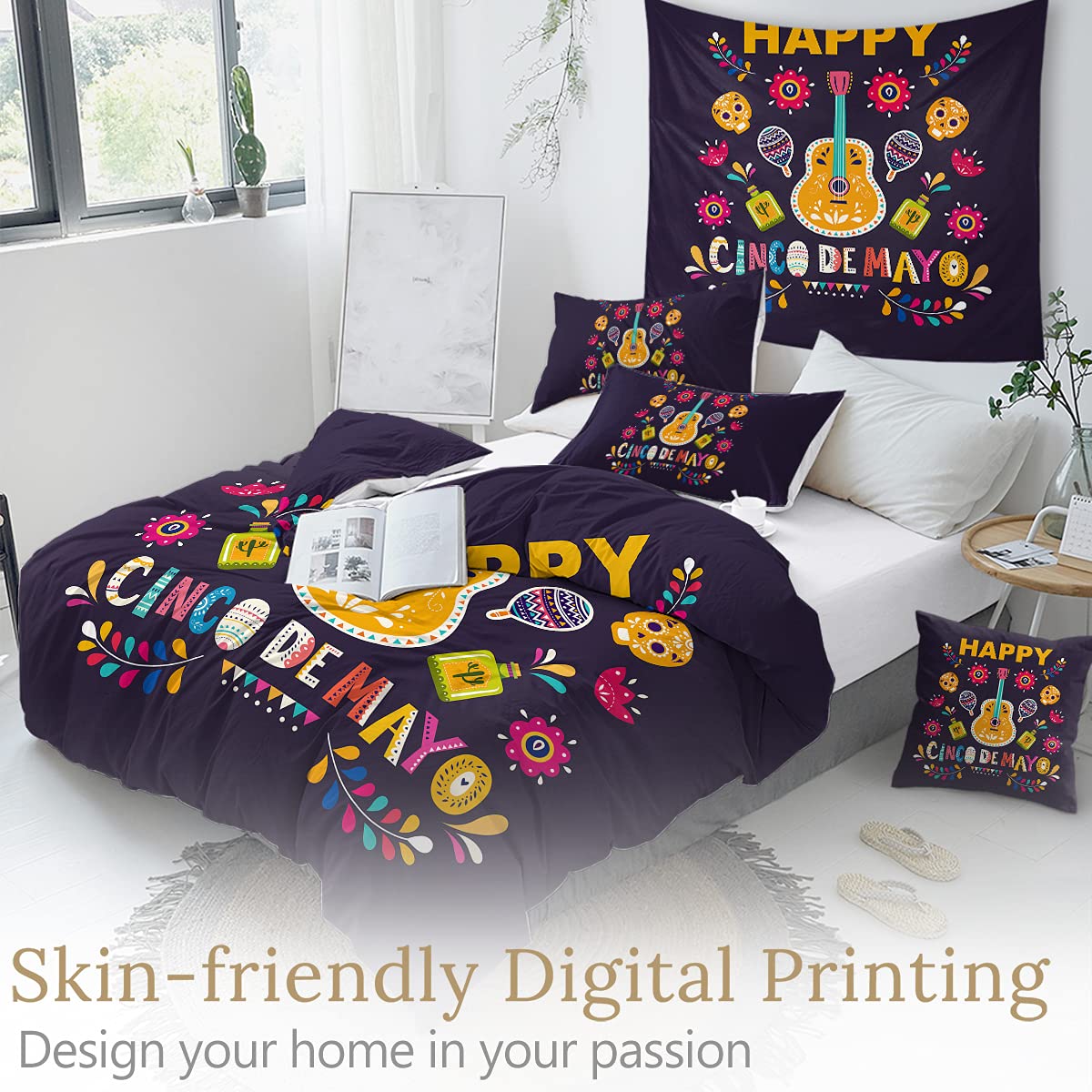 Sleepwish Mexican Bedding Colorful Floral Mexico Duvet Cover Mexican Bird Tile Folk Art Bed Set 3 Pieces Traditional Bedspreads Queen Size