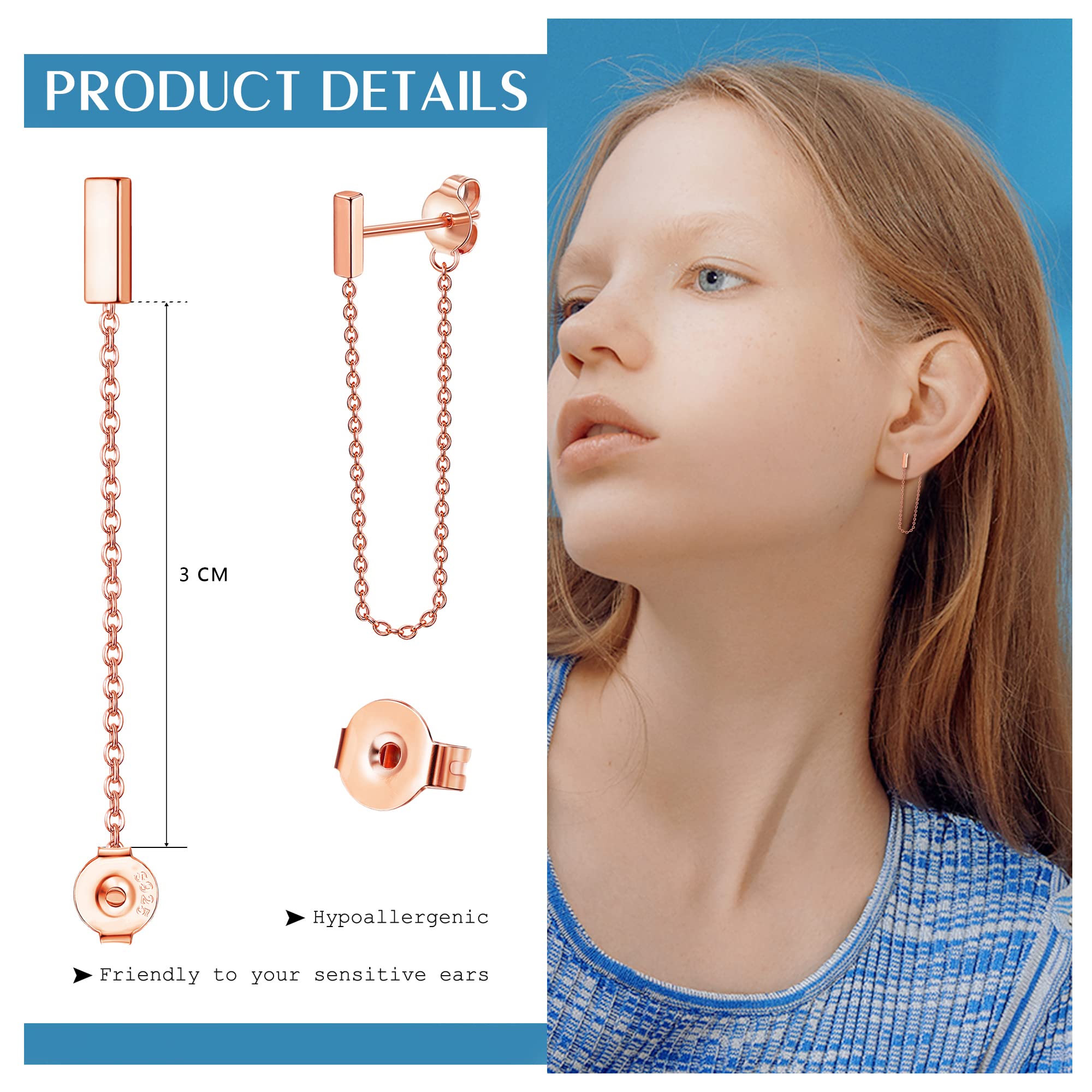 Drperfect 6 Pairs Chain Stud Earrings for Women CZ Dangle Earrings Copper Ball Stud Earring Bar Stud Earrings Huggie Hoop Piercing Earrings