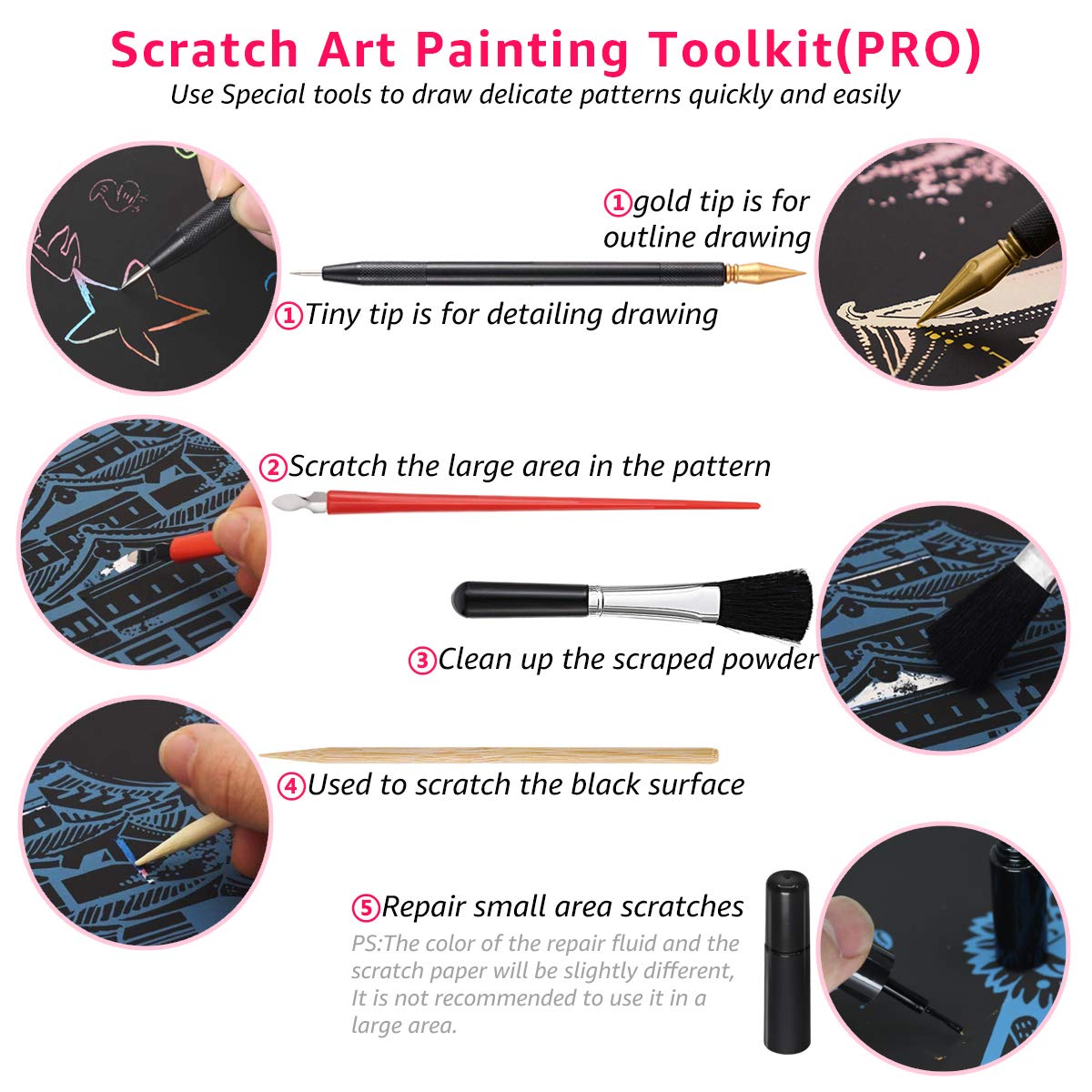 Scratch Painting Kits for Adults & Kids, Rainbow Painting Night View Scratchboard(A4), Crafts Set: 8 Sheets Scratch Cards with 6 tools in Bag - New York, Statue of Liberty, Seattle(America / Europe)