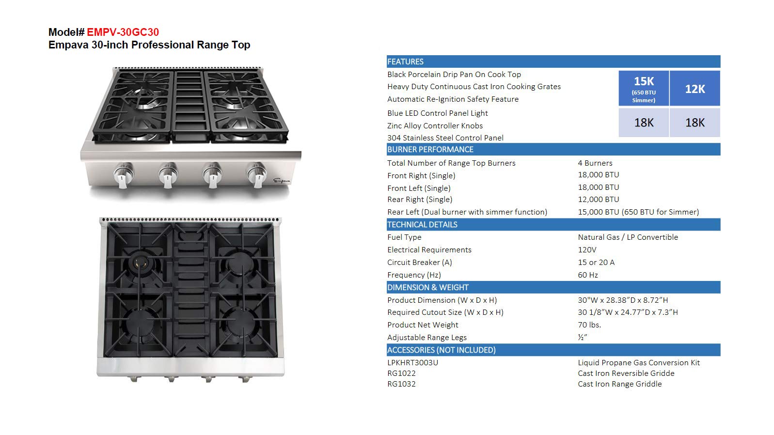 Empava 30 in. Slide-in Natural Gas Rangetop with 4 Burners in Stainless Steel, 30GC30