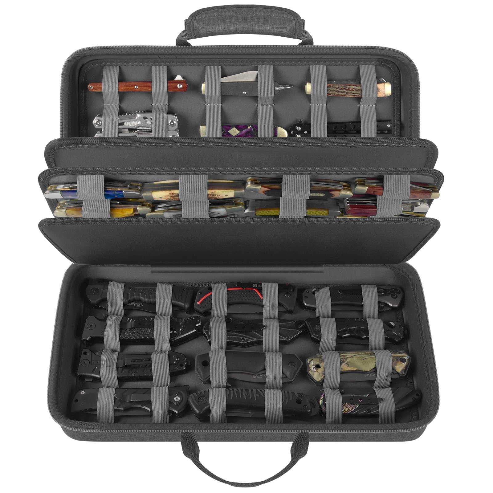 Knife Display Case for 64+ Pocket Knives, Butterfly Knife Storage Box, Folding Knives Organizer Holder, Knives Collection Organized Carrier for Survival, Tactical, Outdoor, EDC Mini Knife - Grey
