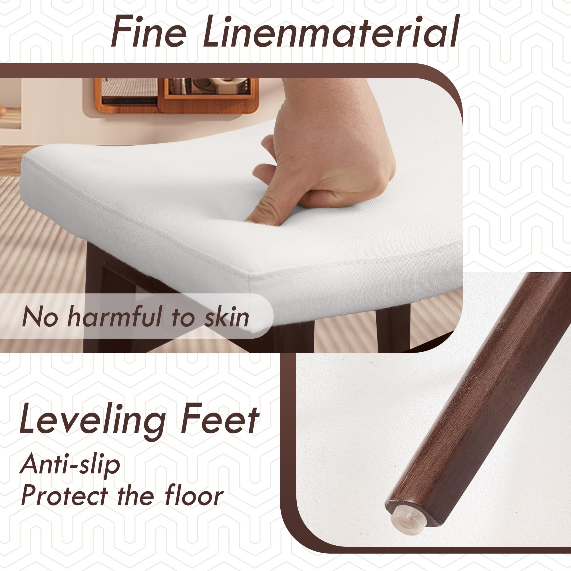 COSTASKF Vanity Stool, Saddle Cushion Foot Stool, Modern Vanity Bench Ottoman with Solid Wood Legs and Upholstered Seat for Entryway, Bedroom,Walnut Color Leg - White Linen Fabric Cushion