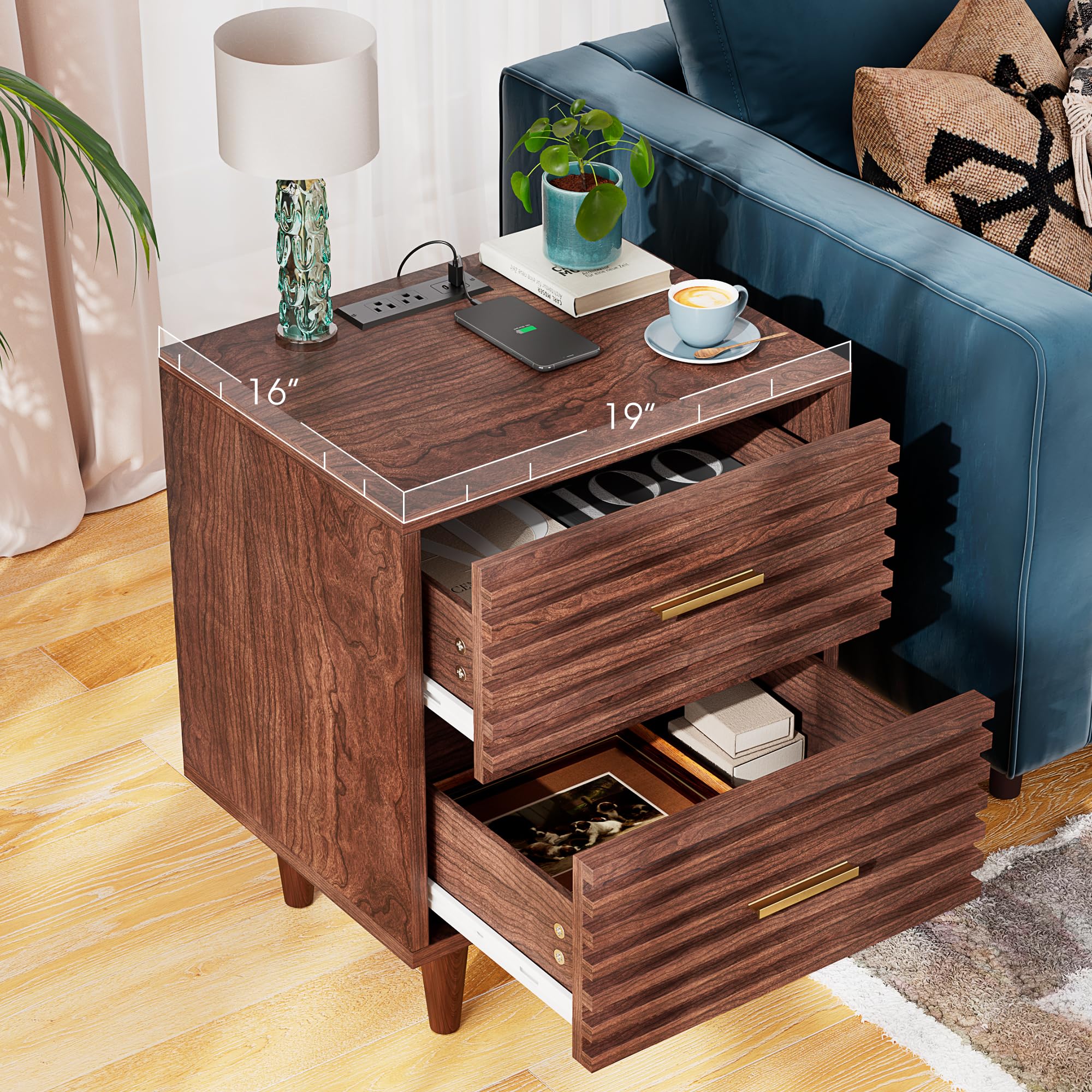 Night Stand with Charging Station Set of 2, Side Table with 2 Drawers, Mid Century Modern End Table with Storage, Bedside Table with USB Ports and Outlets, Nightstand for Bedroom, Brown 2PCS