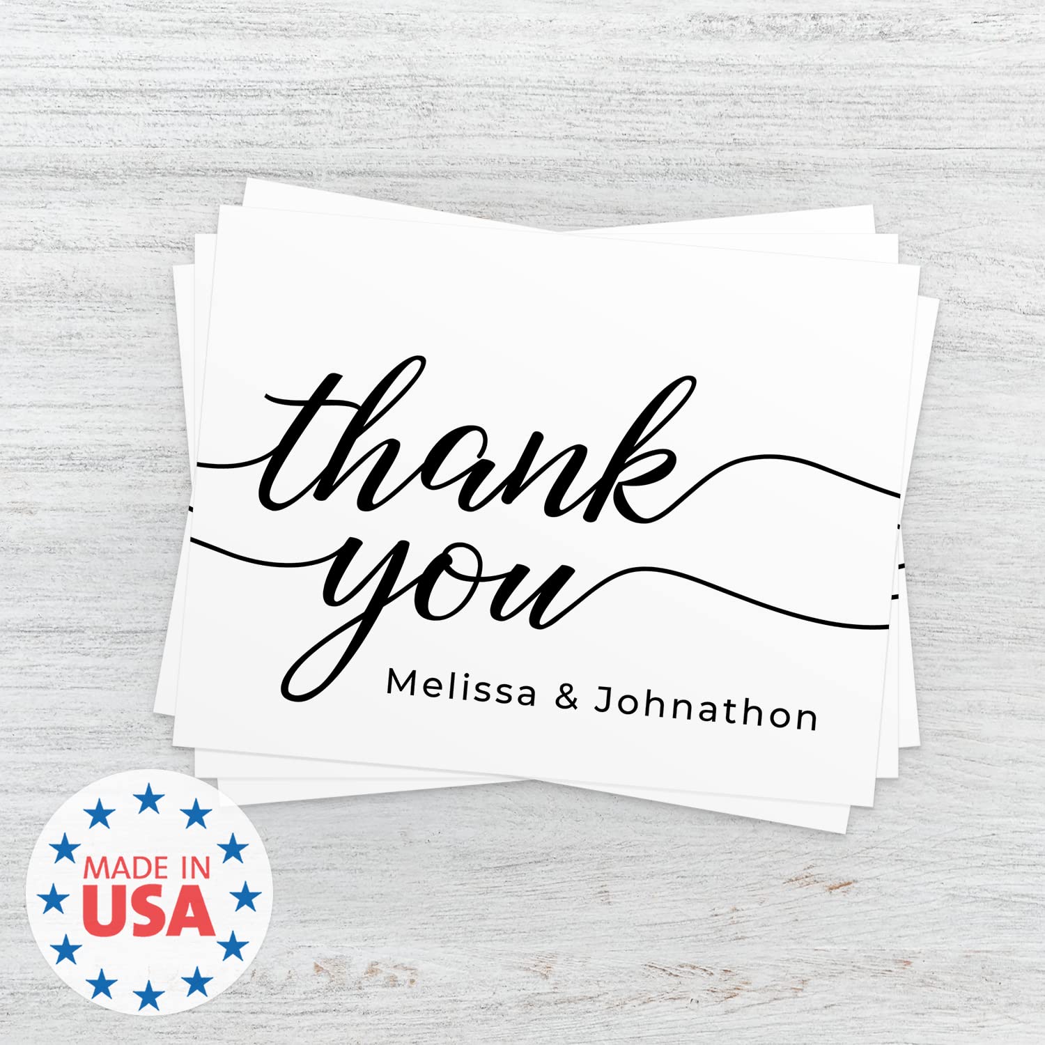 Script Black And White Personalized Thank You Cards / 100 Modern Cursive Custom Appreciation Note Cards With White Envelopes / 4 1/4" x 5 1/2" Bulk Generic Wedding Thanks Greeting Cards