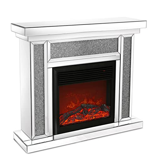 DEINPPA Mirrored Electric Fireplace with Remote Control and Faux Diamonds, Freestanding Mantel Heater Firebox with 3D Flames for Living Room, 1500W Electric Heating Furnace