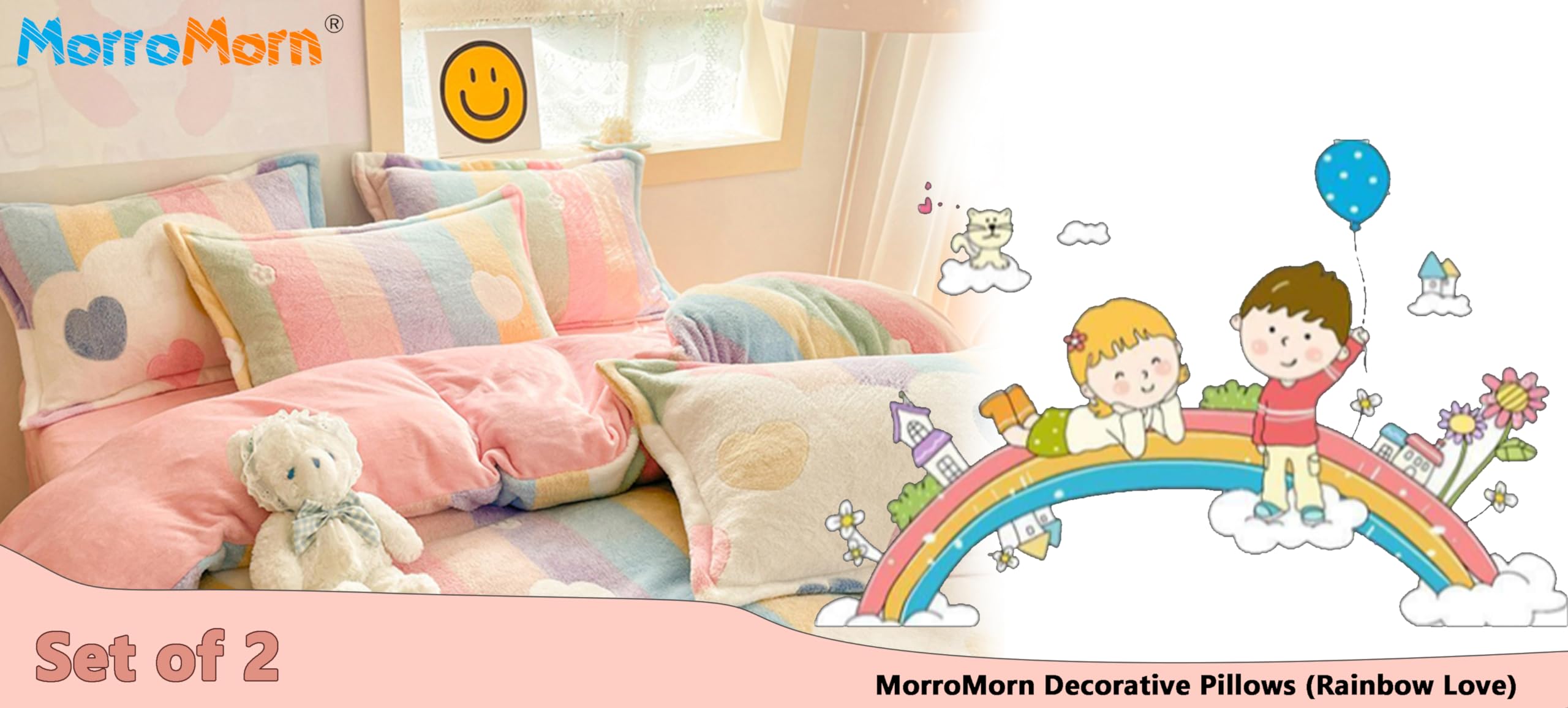 MorroMorn Decorative Pillows Covers Pink Kawaii, 2 Packs Plush Pillow Cases Standard Size, Soft Furry Throw Pillowcase Cushion Shams with Zipper Closure Girls Room Decor (Rainbow Love, Standard)
