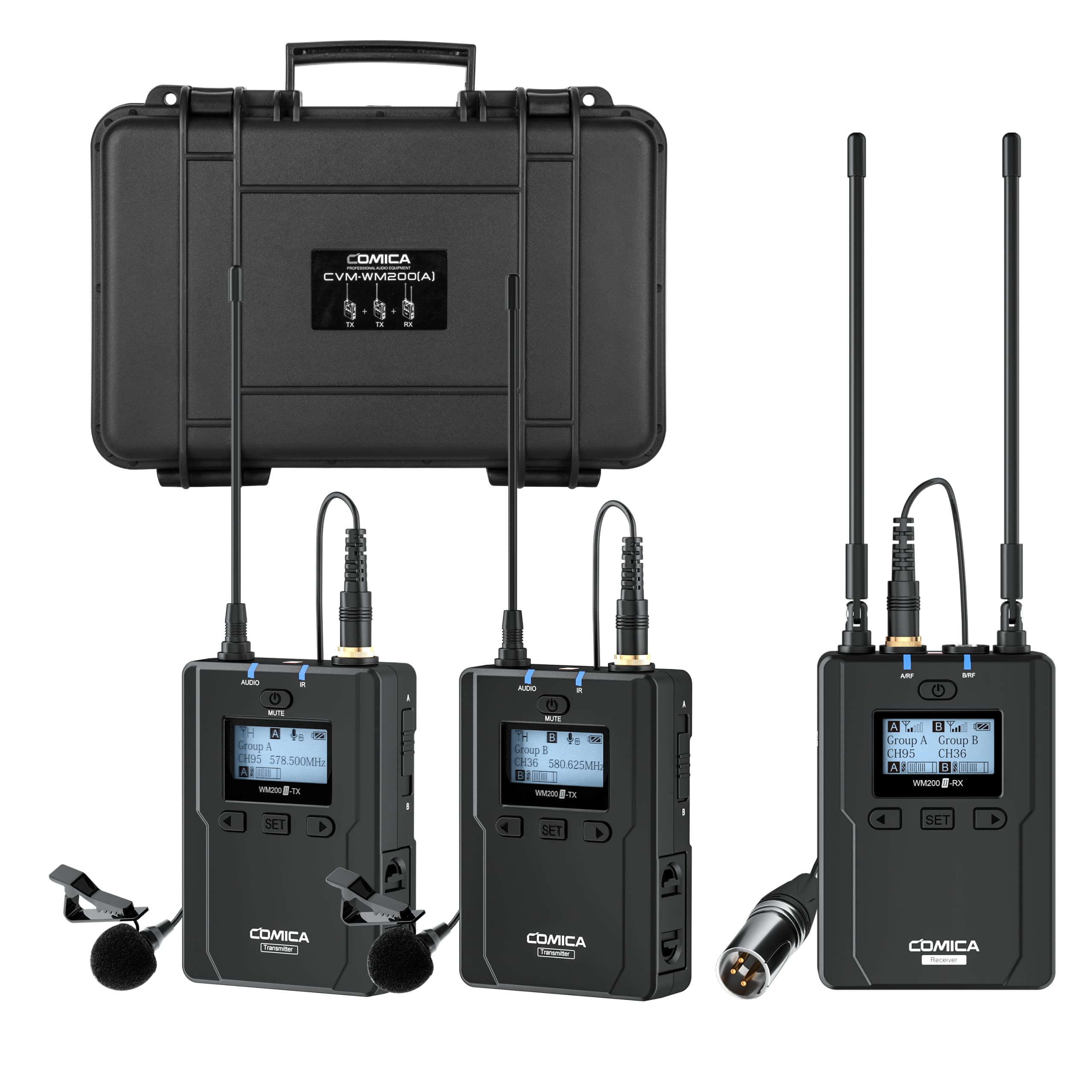 Wireless Lavalier Microphone, Comica CVM-WM200A 96-Channel UHF Wireless Lapel Microphone System for Cameras/XLR Camcorders Interview Youtube Video Recording, Dual Lav Mic with 394FT Transmission