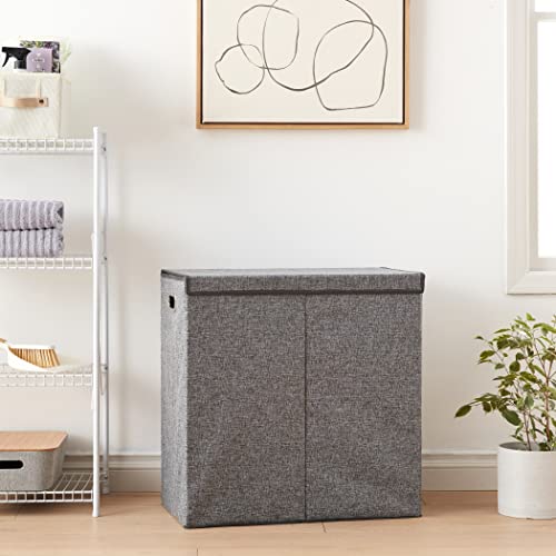 SUPERJARE Double Laundry Hamper with 2 Removable Liner Bags, 150 L Large Laundry Basket with Magnetic Lid, Collapsible Clothes Hamper with Easy Carry Built-in Handles, 2 Section, Linen Gray