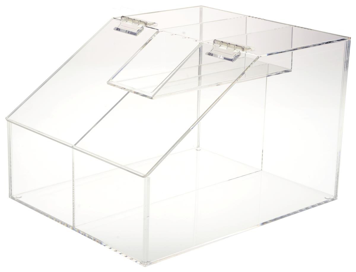 Displays2go Double Candy Bin for Counters, Clear Acrylic Bulk Food Bin with Separate Scoop Holder and Hinged Doors - Scoop NOT Included