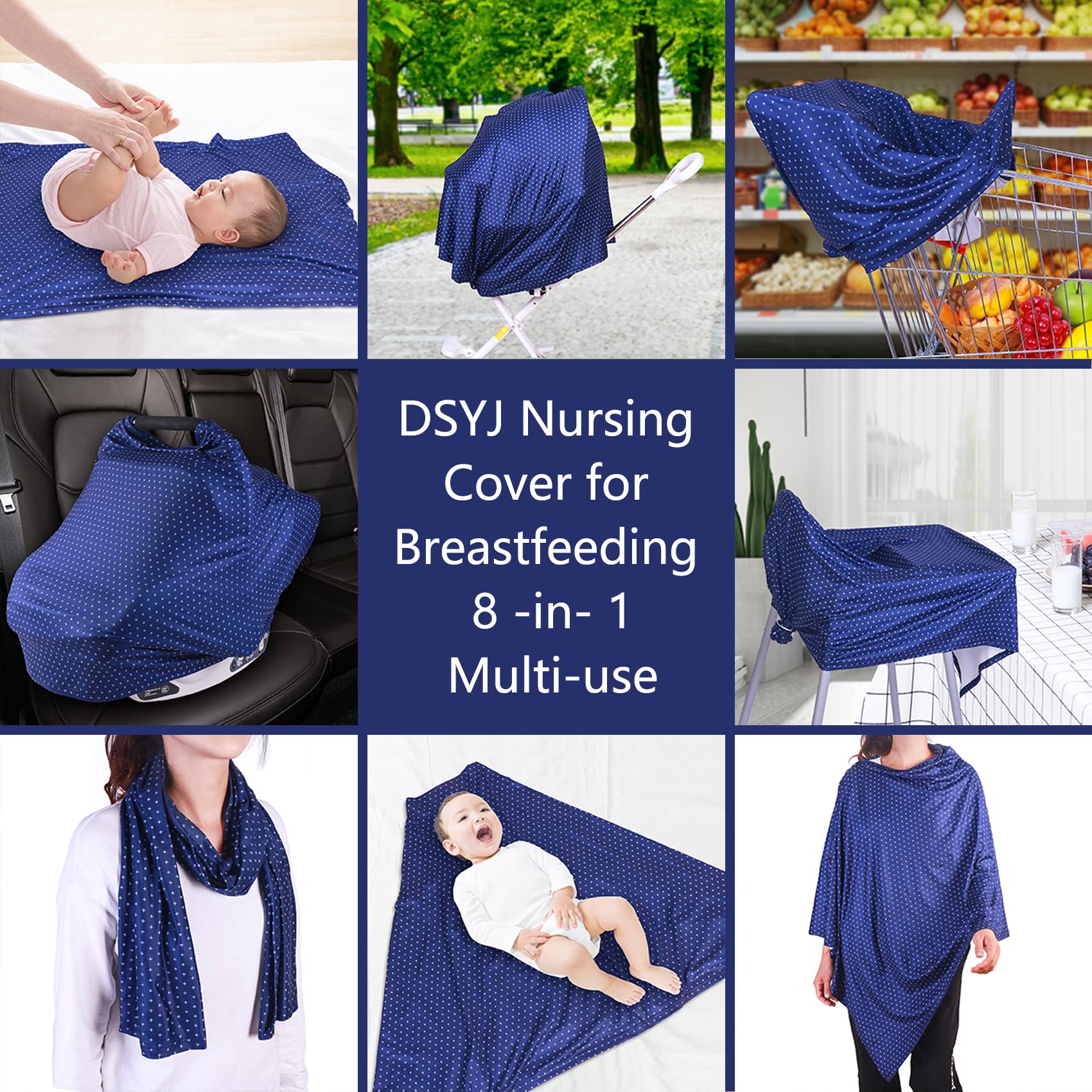 DSYJ Nursing Covers for Breastfeeding Poncho Cover, Soft & Breathable Fabric, 360° Full Privacy Universal Fit Multi Use 8-in-1 for Baby Car Seat Cocoon Feeding Canopy Blue