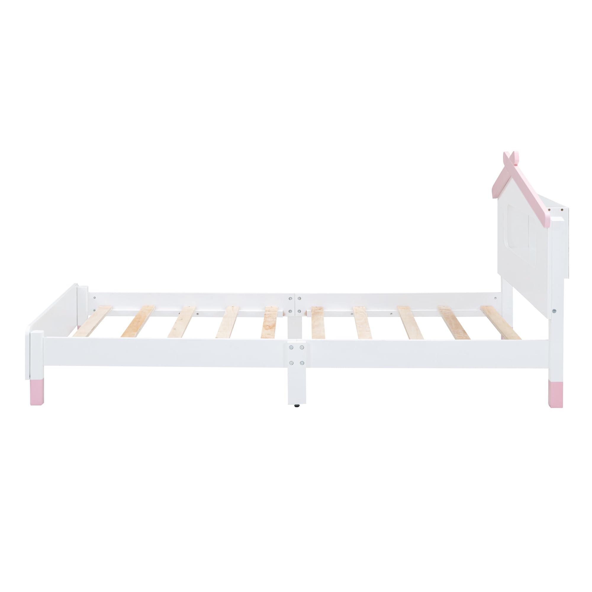 MERITLINE Full Size Bed Frame Wood Platform Bed with House-Shaped Headboard and Motion Activated Night Lights, No Box Spring Needed (White+Pink)