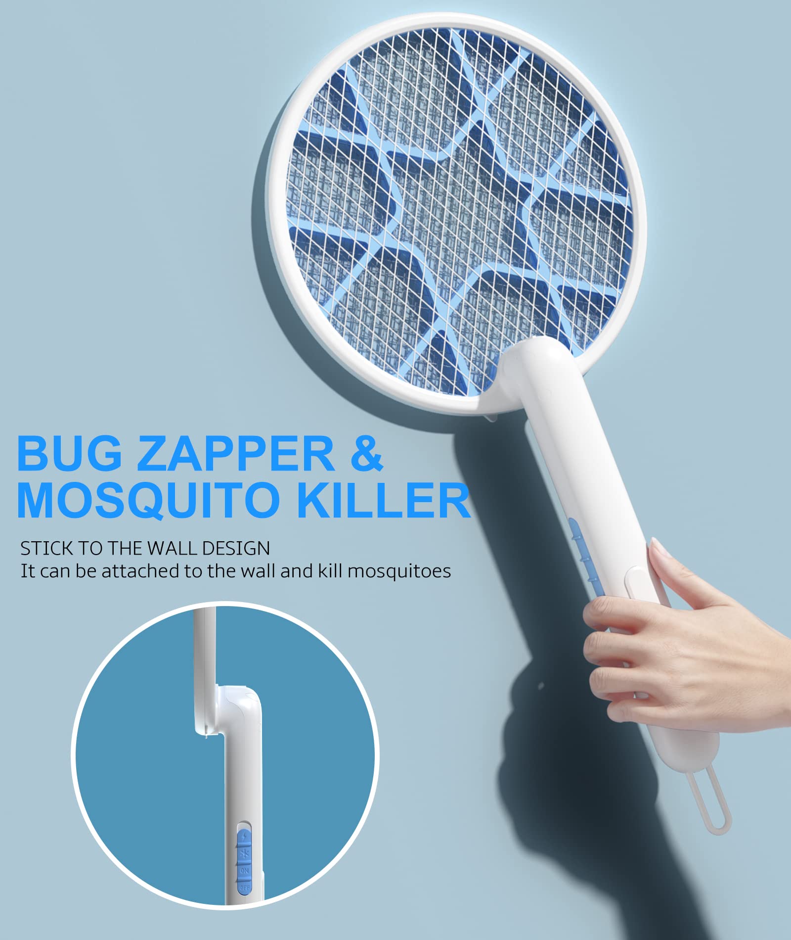 MOSQZAP Electric Fly Swatter 2 Pack, Foldable Bug Zapper Racket USB Rechargeable Fly Zapper Mosquito Zapper Racket w/Hands-Free & Handhold Modes, Outdoor/Indoor Killer for Flies, 3,500 Volt