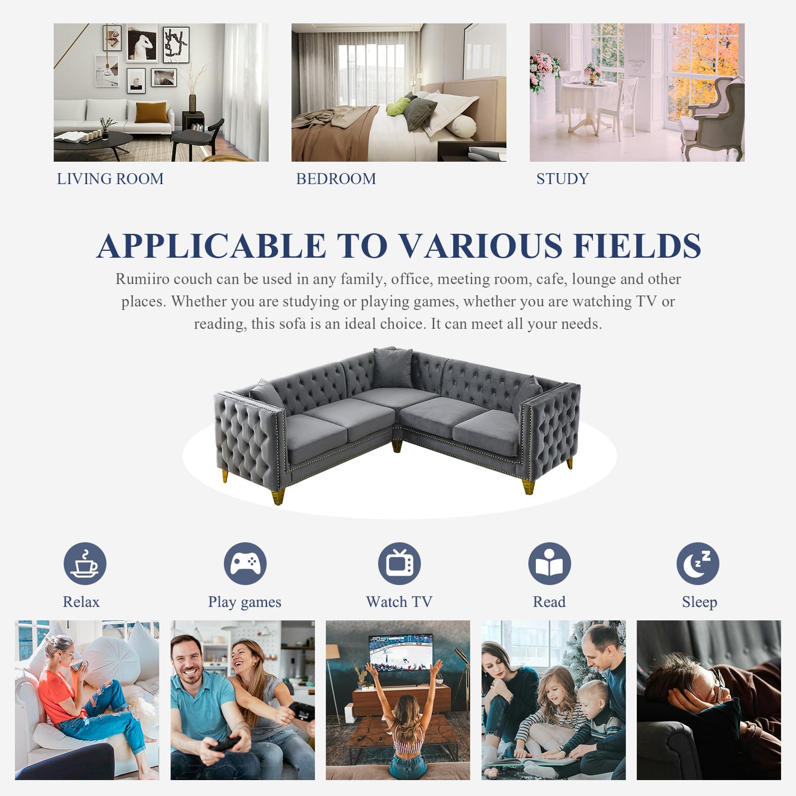 Rumiiro Velvet Corner Sofa, 82.2'' Comfy L-Shaped Sofa, Modern 5 Seater Sectional Couch with Button Tufted Back, Soft Plush Upholstered Couch for Living Room Bedroom Apartment Office(Gray)