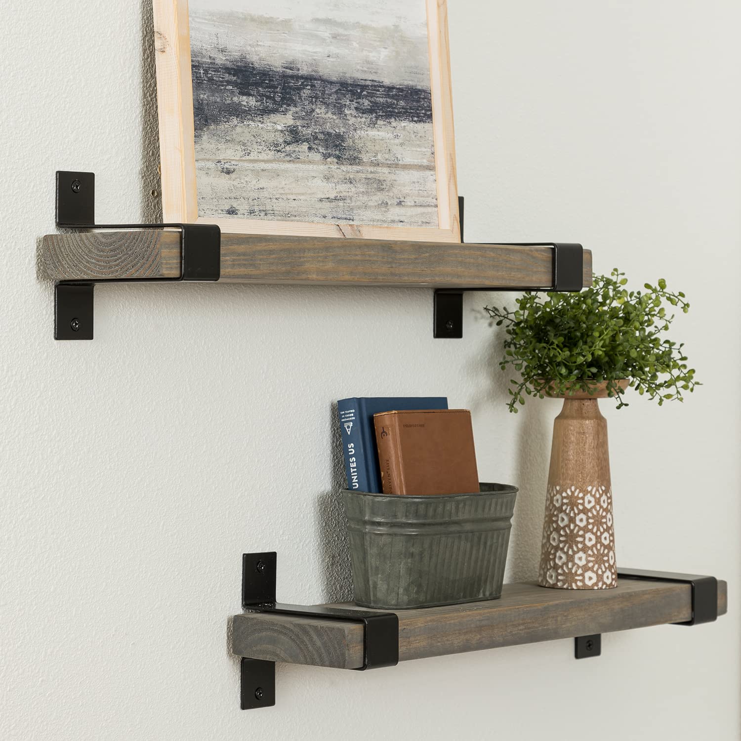 del Hutson Designs 20 Inch Industrial Grace Urban Solid Natural Pine Wood Wall Wrap Bracket Display Floating Utility Shelf Set, Gray (Set of 2)