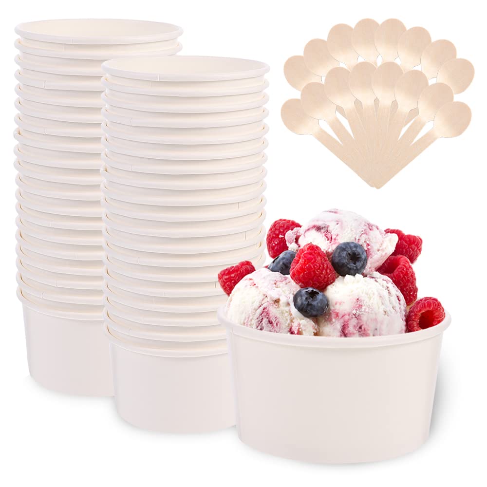 FHDUSRYO 50Pcs Ice Cream Cups, 8 oz Paper Ice Cream Bowls, White Dessert Bowls with 50 Wooden Spoons, Snack Bowls Soups Cups, Party Supplies Treat Cups for Hot and Cold Food, Frozen, Yogurt