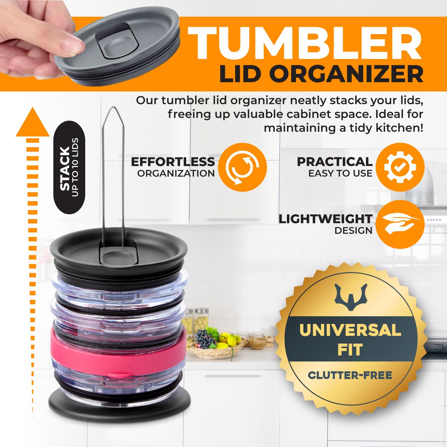 ELYPRO - Revolutionary Tumbler Lid Organizer - Space-Saving Design - Slim Vertical Storage for Up to 10 Lids , Clutter-Free Kitchen Cabinets and Countertops Organization