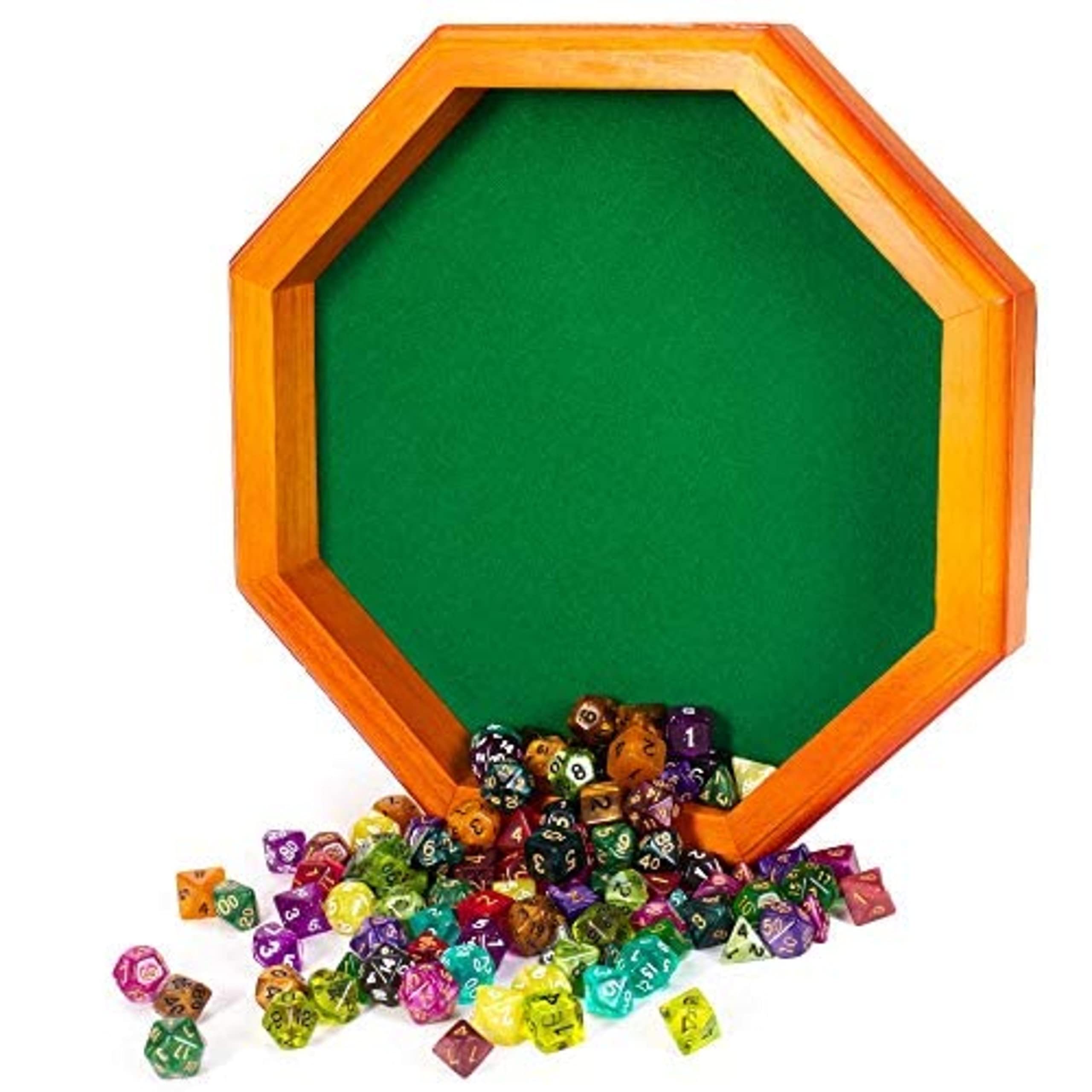Wiz Dice - Series II Dice Set and Octagonal Dice Tray - Dice Master Bundle, Suitable for DND, Pathfinder and Tabletop RPG Adventure Games - 100+ ct Polyhedral Dice Set, 12" Wooden Dice Rolling Tray