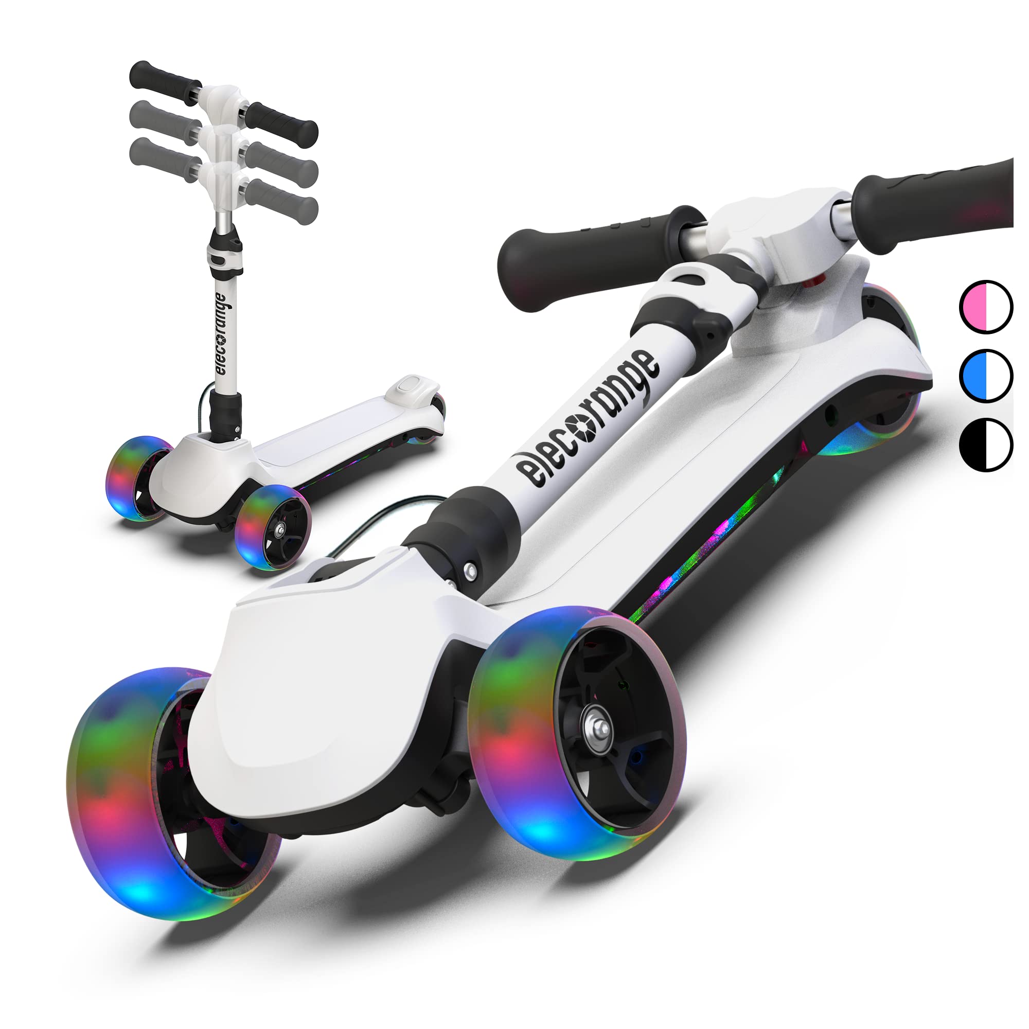 Elecorange 3 Wheel Electric Scooter for Kids, Light Up Deck, Big Flashing Wheels, Thumb Throttle, Adjustable Heights, Foldable, Lightweight, 5mph, Lightweight, Toddler Electric Scooter Ages 5-8, Black