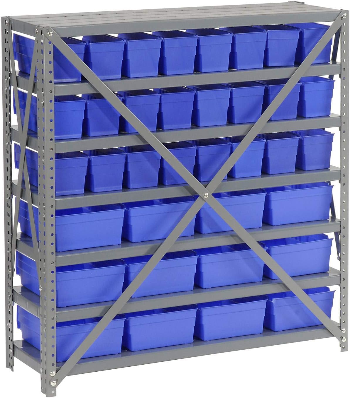 Global Industrial 7 Shelf Steel Shelving with (36) 4" H Plastic Shelf Bins, Blue, 36x12x39