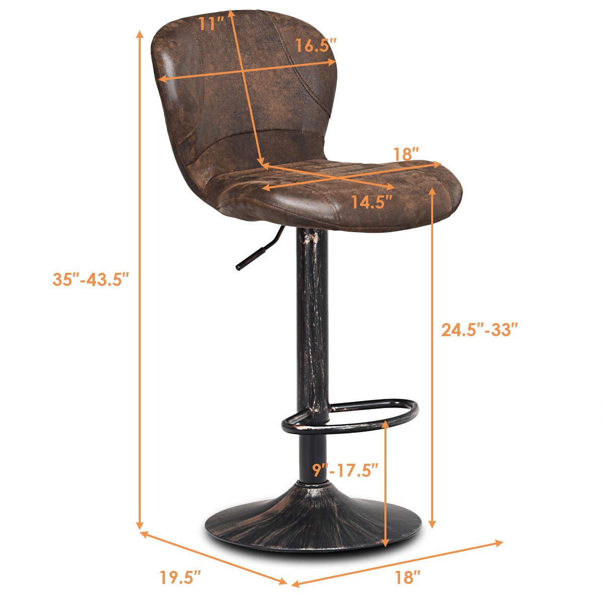 COSTWAY Bar Stools Set of 2, Adjustable Swivel Barstools with Back, Hot-stamping Cloth and Chrome Footrest, Barstools Bar Height Chairs for Kitchen Dining Living Bistro Pub, Retro Brown