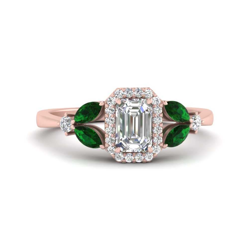 CustomizedGifts Marquise Accent Halo Diamond Ring rose gold plated Created Emerald Emerald shape Green color Vintage Engagement Rings prong Setting in Size 7 Casual Wear for Gift