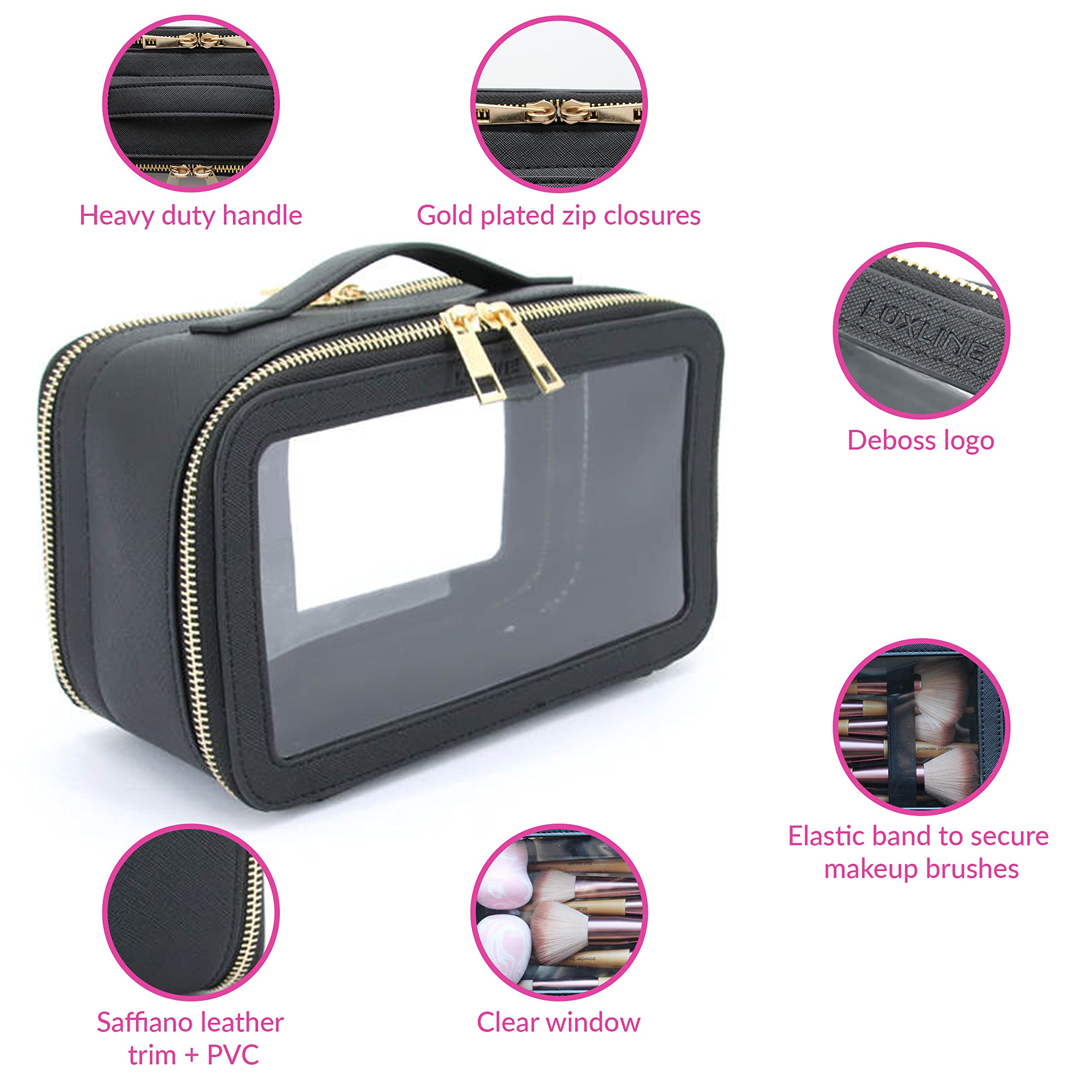 LUXLINE Clear Makeup Bag | TSA Approved Travel Toiletry Bag and Cosmetic Bag | Waterproof and Durable Makeup Case with Two Compartments, Black, KS-CB-20121001