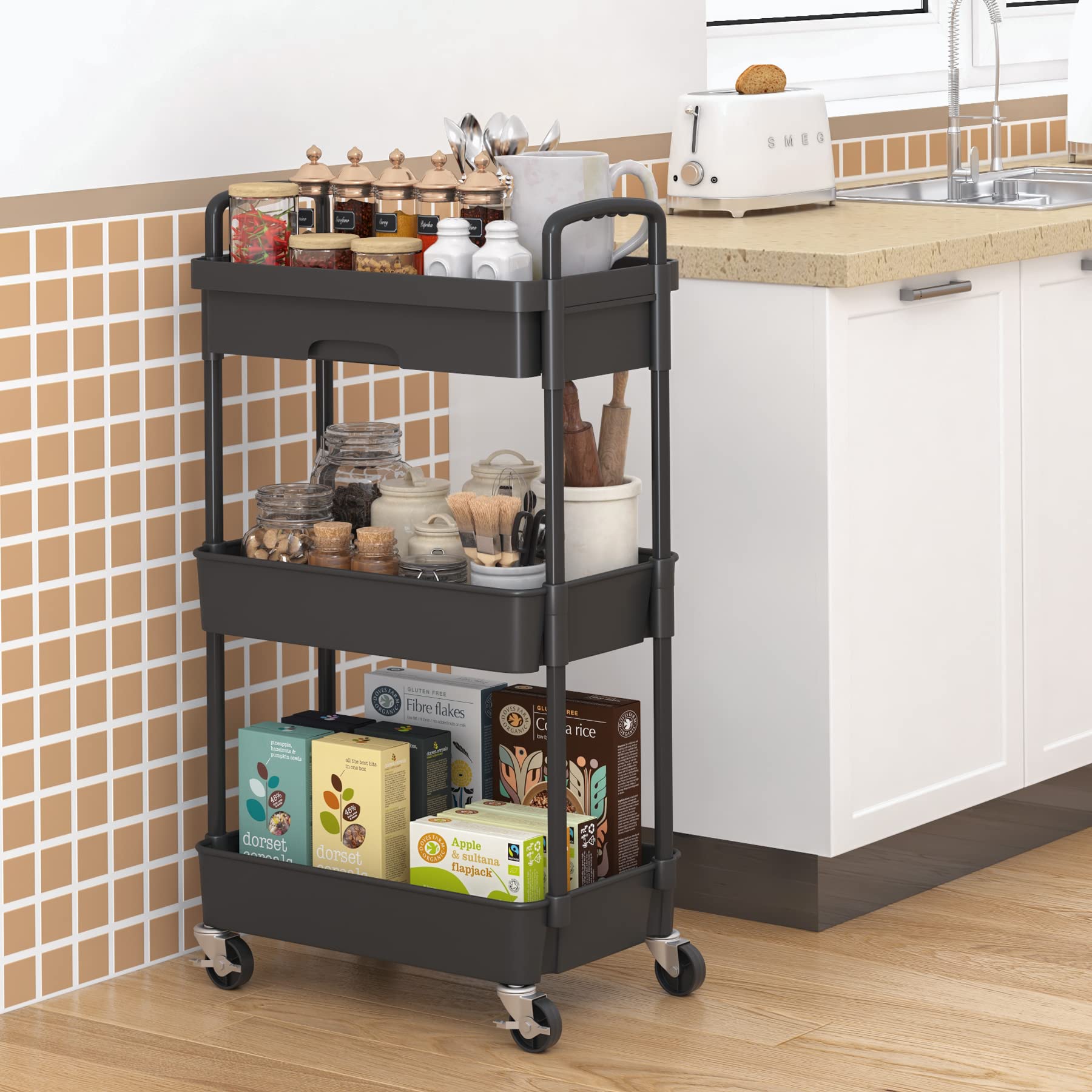 Dttwacoyh 3-Tier Rolling Cart,Trolley with Drawer, Multifunctional Storage Organizer with Plastic Shelf & Metal Wheels, Kitchen Storage Cart for Living Room, Kitchen, Office, Bathroom, White