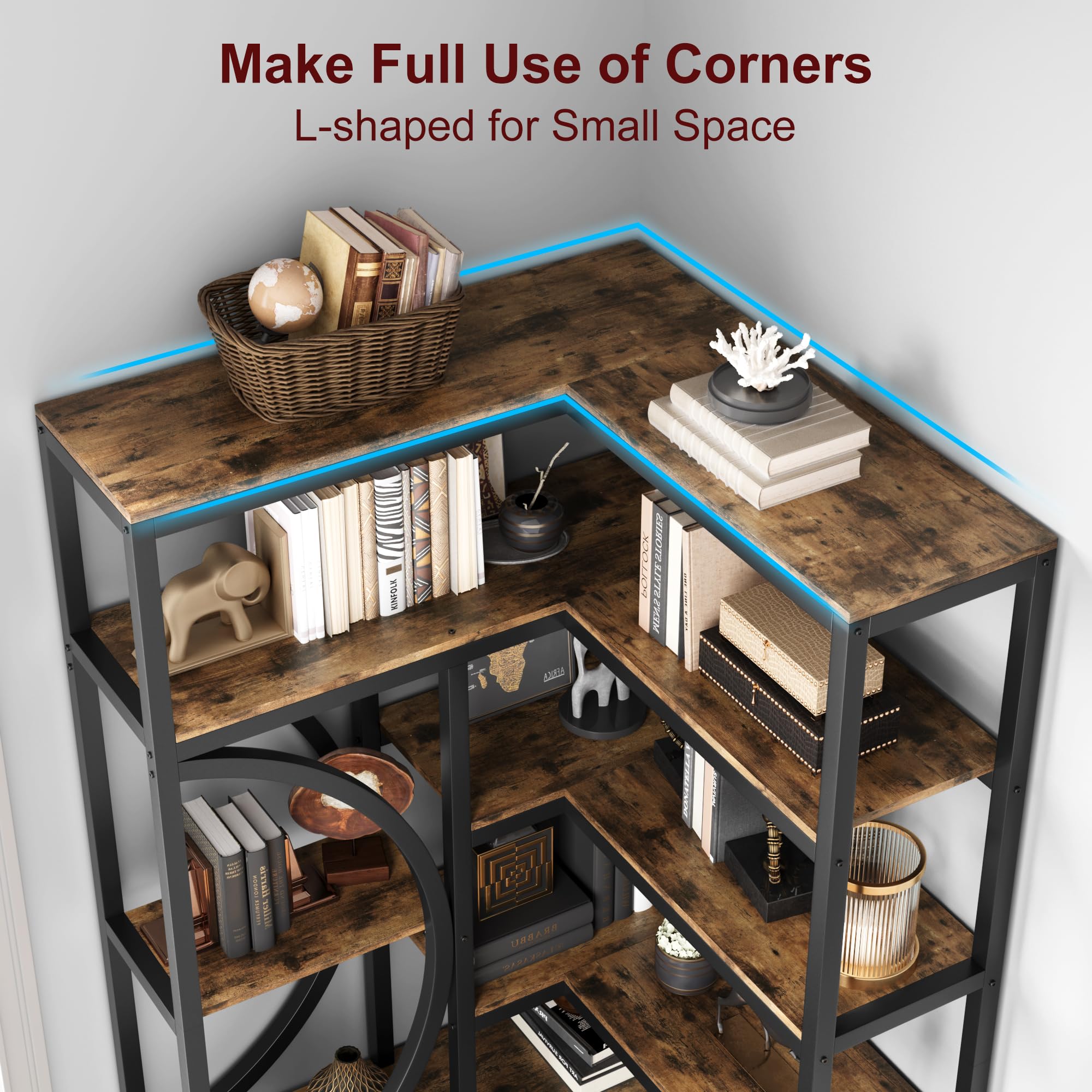 Knowfunn Industrial Corner Bookshelf with 6 Tier, L-Shaped Modern Bookcase, Large Corner Storage Rack, Wooden Corner Display Shelf for Home, Office, Living Room, Bedroom - Rustic Brown